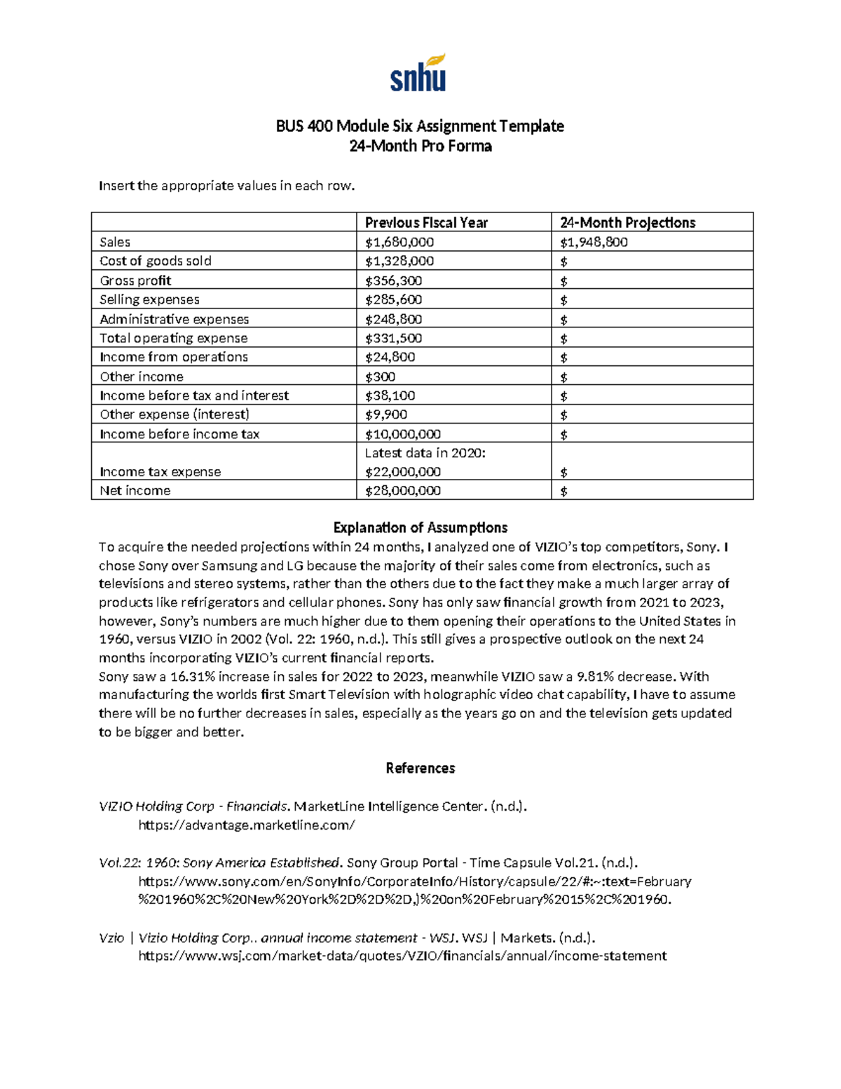 Module Six Assignment - Previous Fiscal Year 24-Month Projections Sales ...