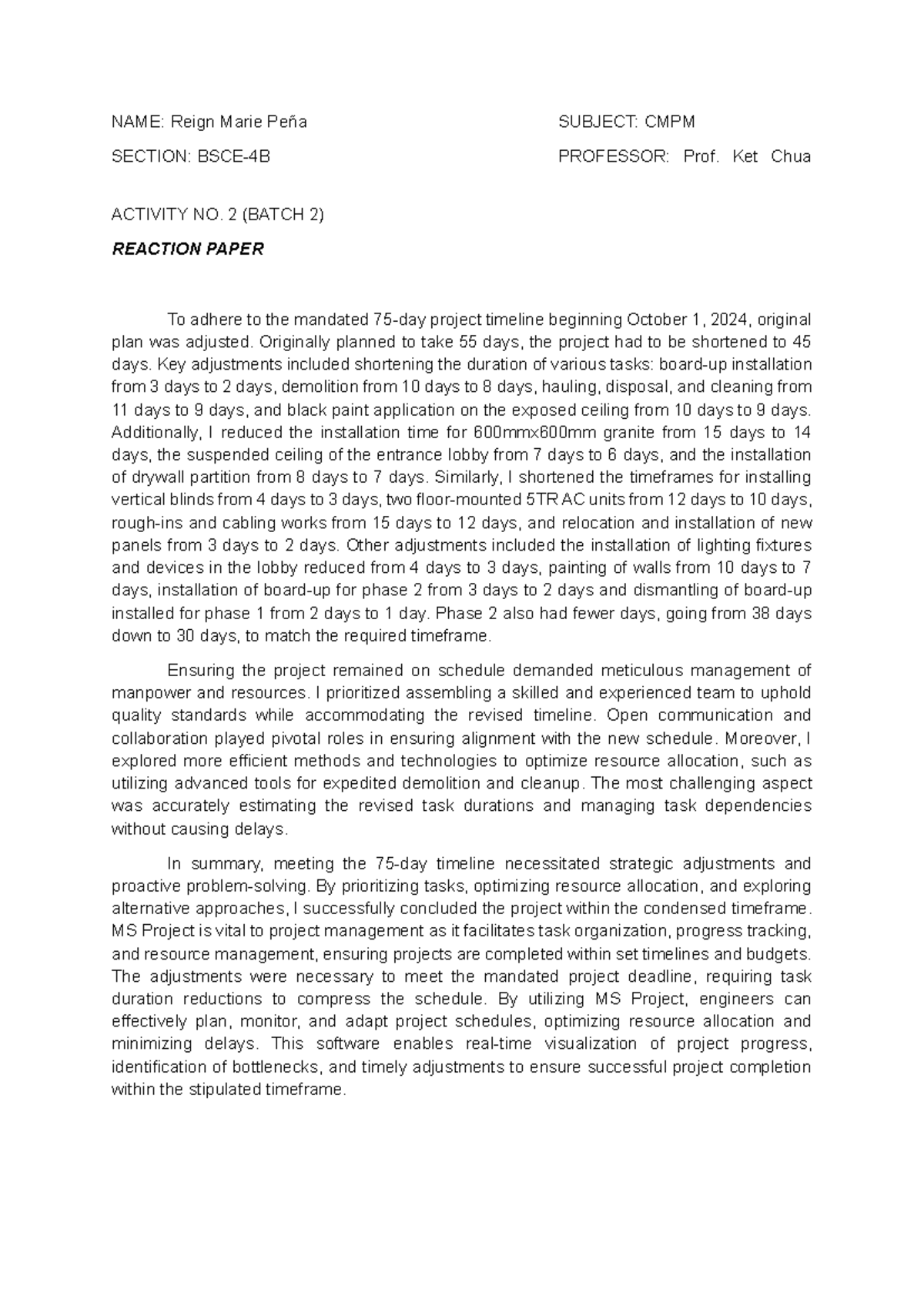 Reaction Paper in civil engineering - NAME: Reign Marie Peña SUBJECT: CMPM SECTION: BSCE-4B ...