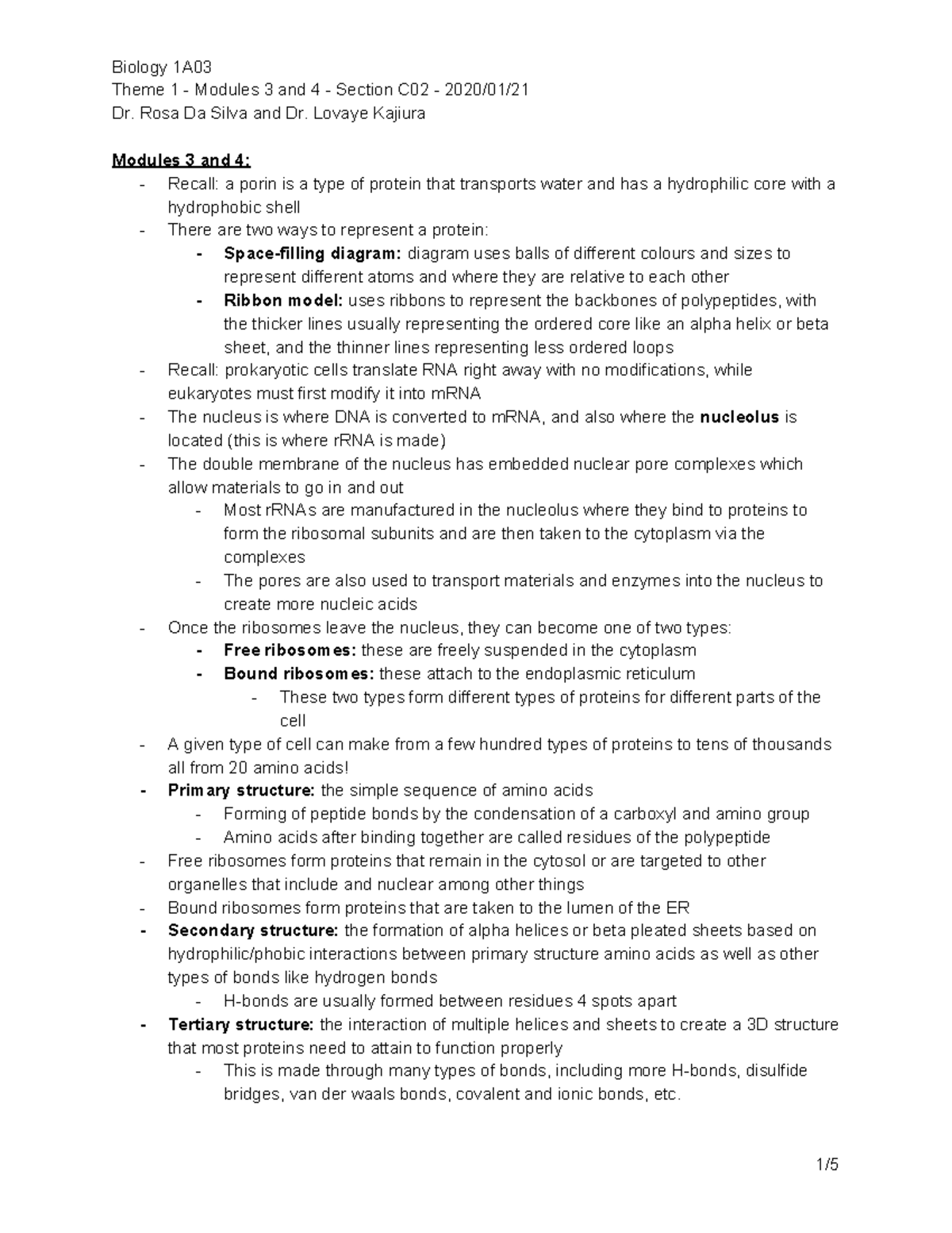 Bio 1A03; Theme 1 Modules 3 and 4 01-21-2020 - Theme 1 - Modules 3 and ...