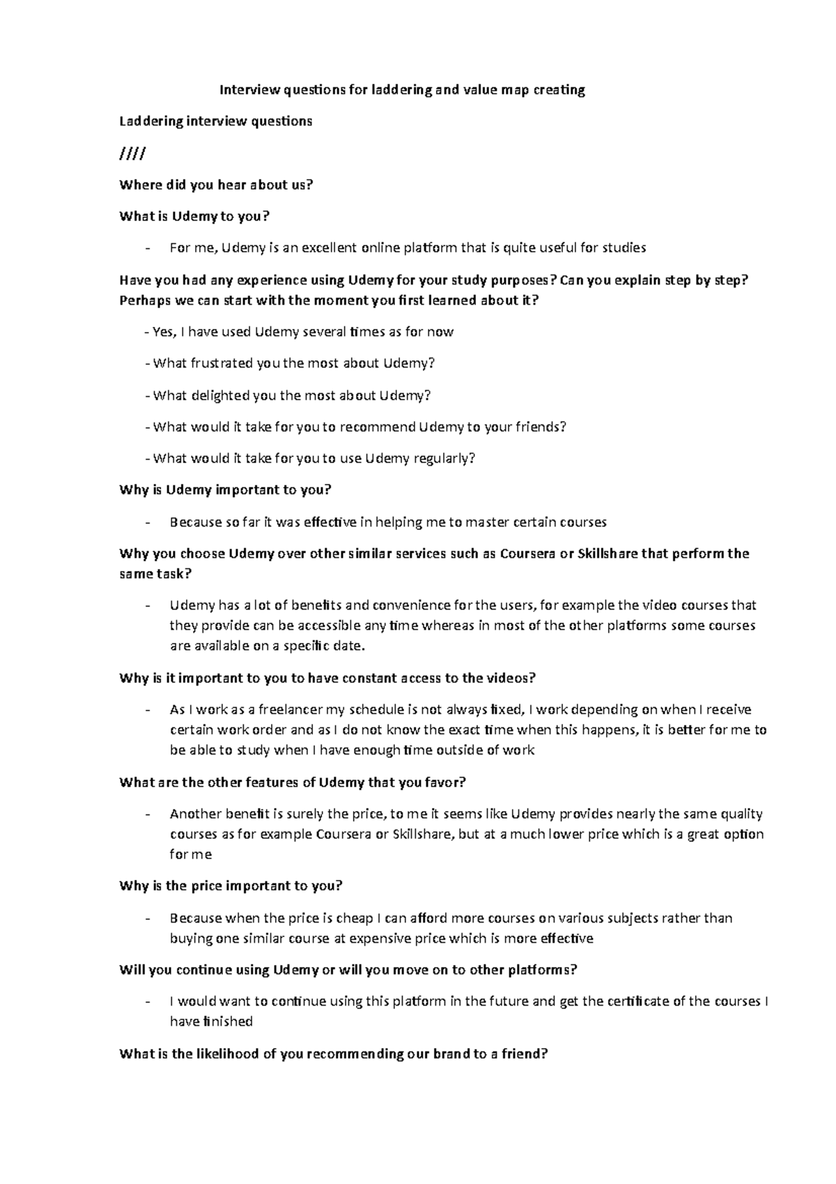 Interview laddering 1 - Interview questions for laddering and value map ...