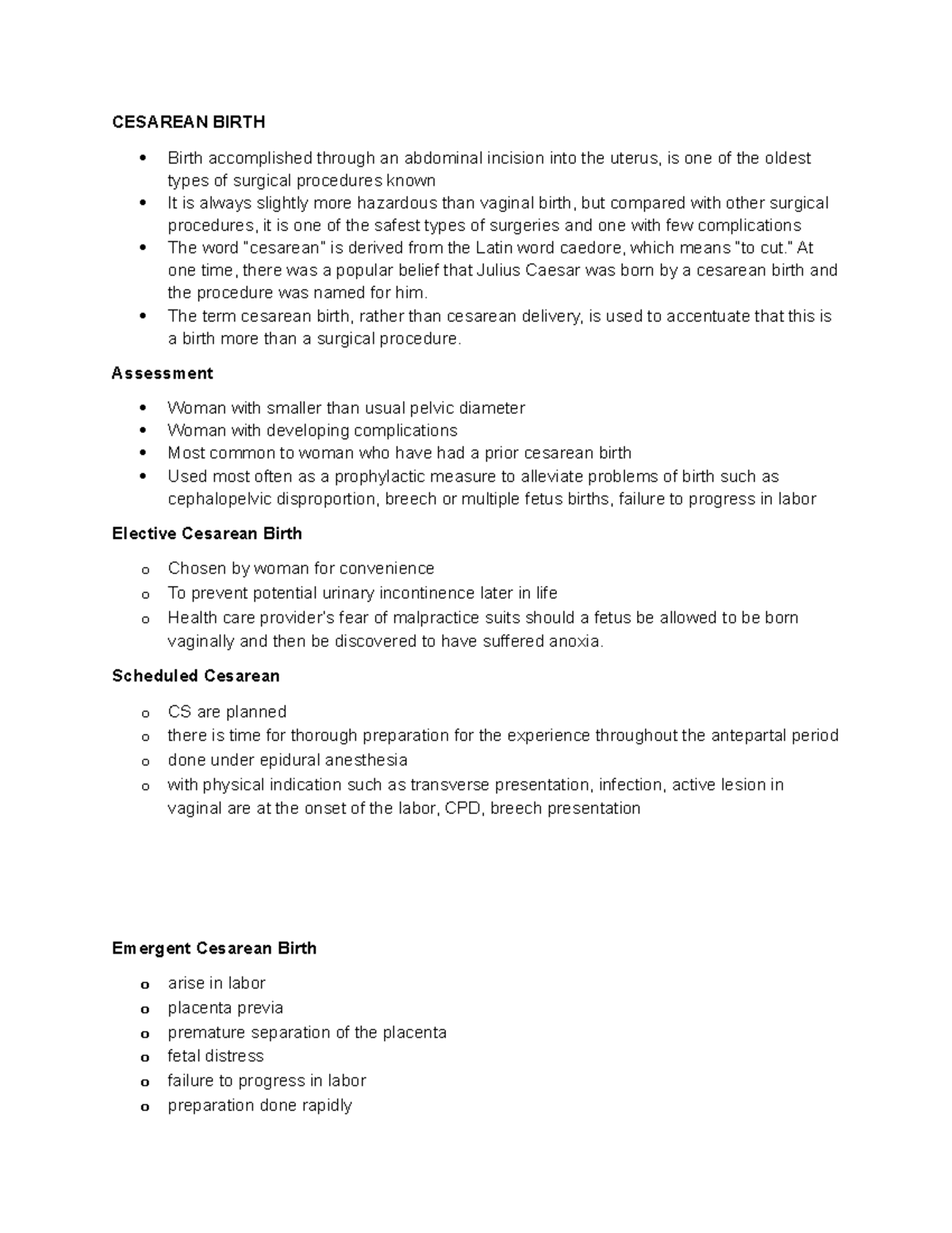 Cesarean Birth - notes - CESAREAN BIRTH Birth accomplished through an ...