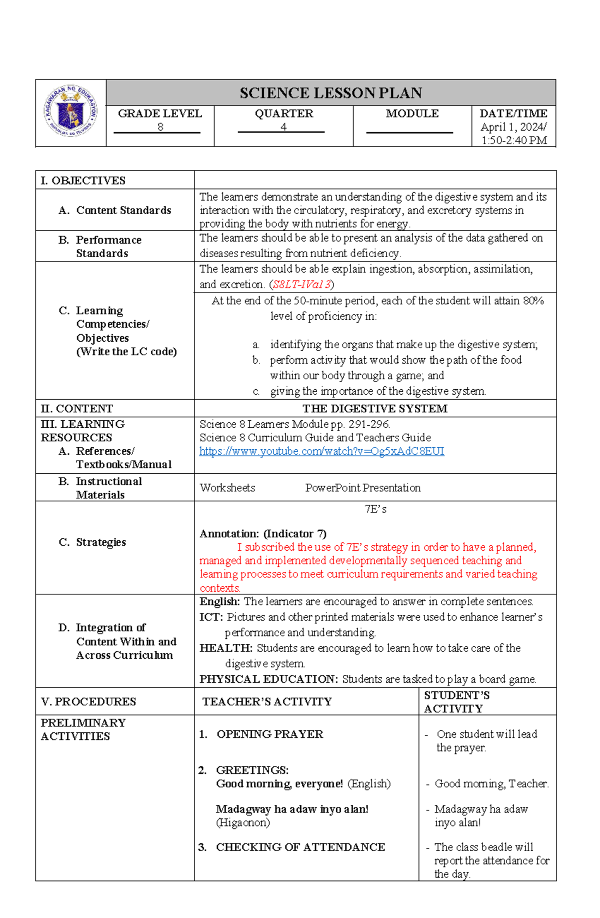April 1, 2024 - Lesson PLan - SCIENCE LESSON PLAN GRADE LEVEL 8 QUARTER ...
