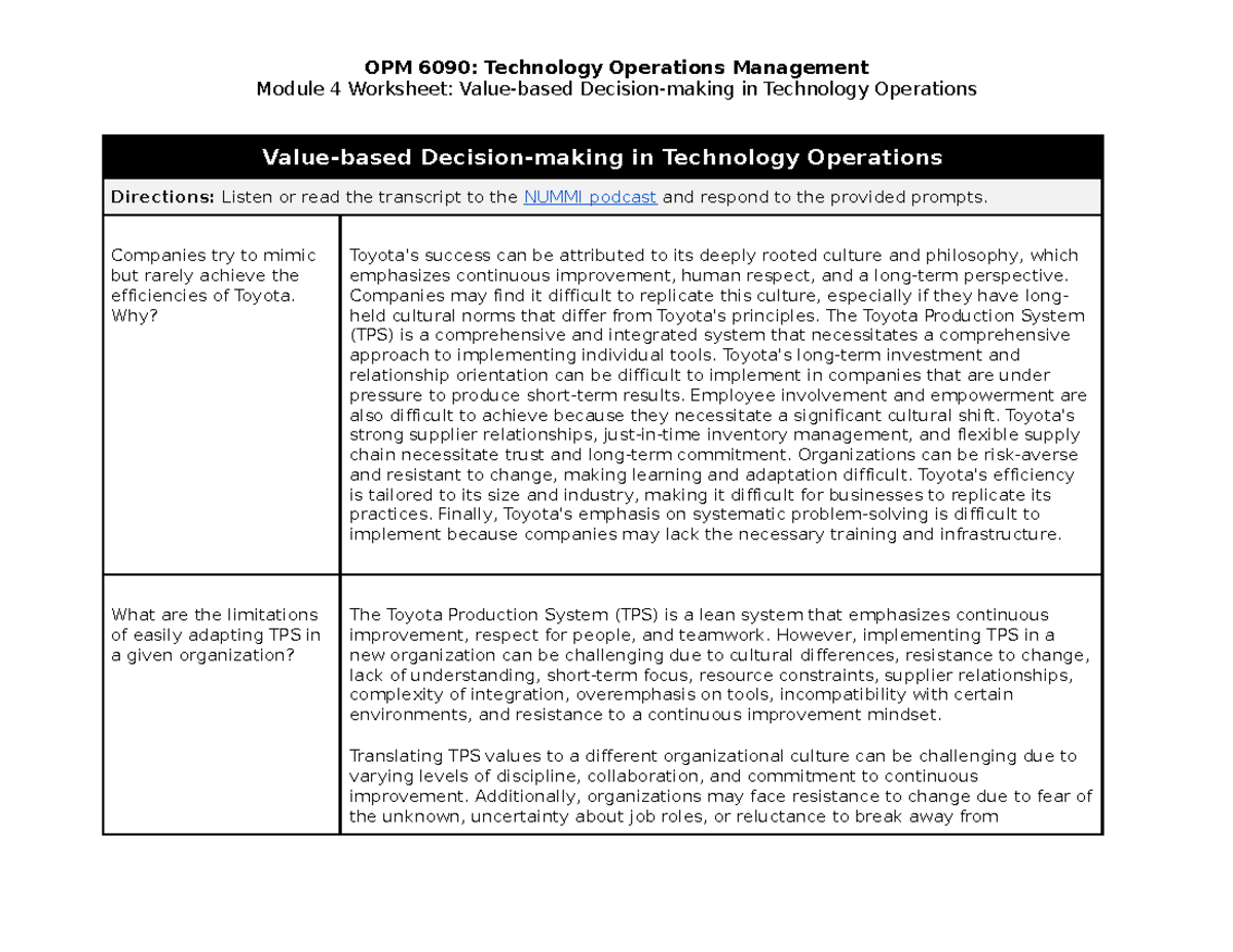 OPM 6090 Module 4 - Module 4 Worksheet: Value-based Decision-making in Technology Operations ...