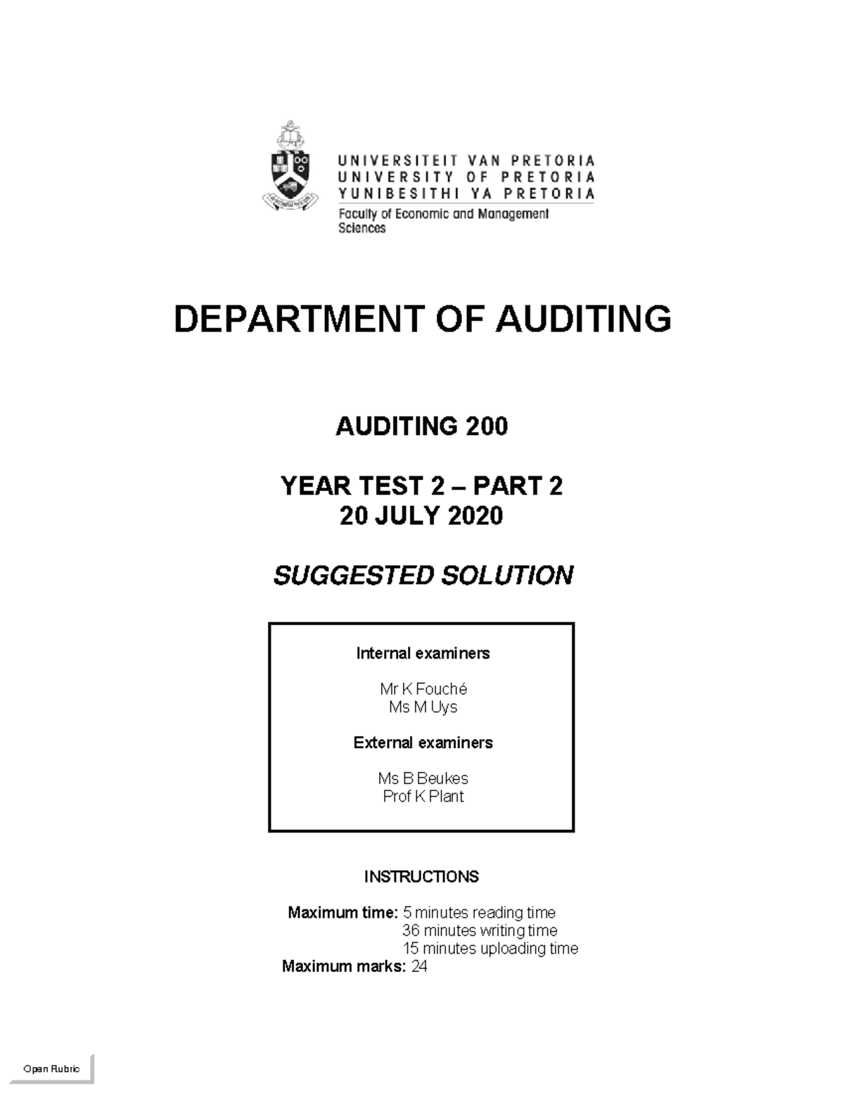 Year test 2 solution part 2 - DEPARTMENT OF AUDITING AUDITING 200 YEAR ...