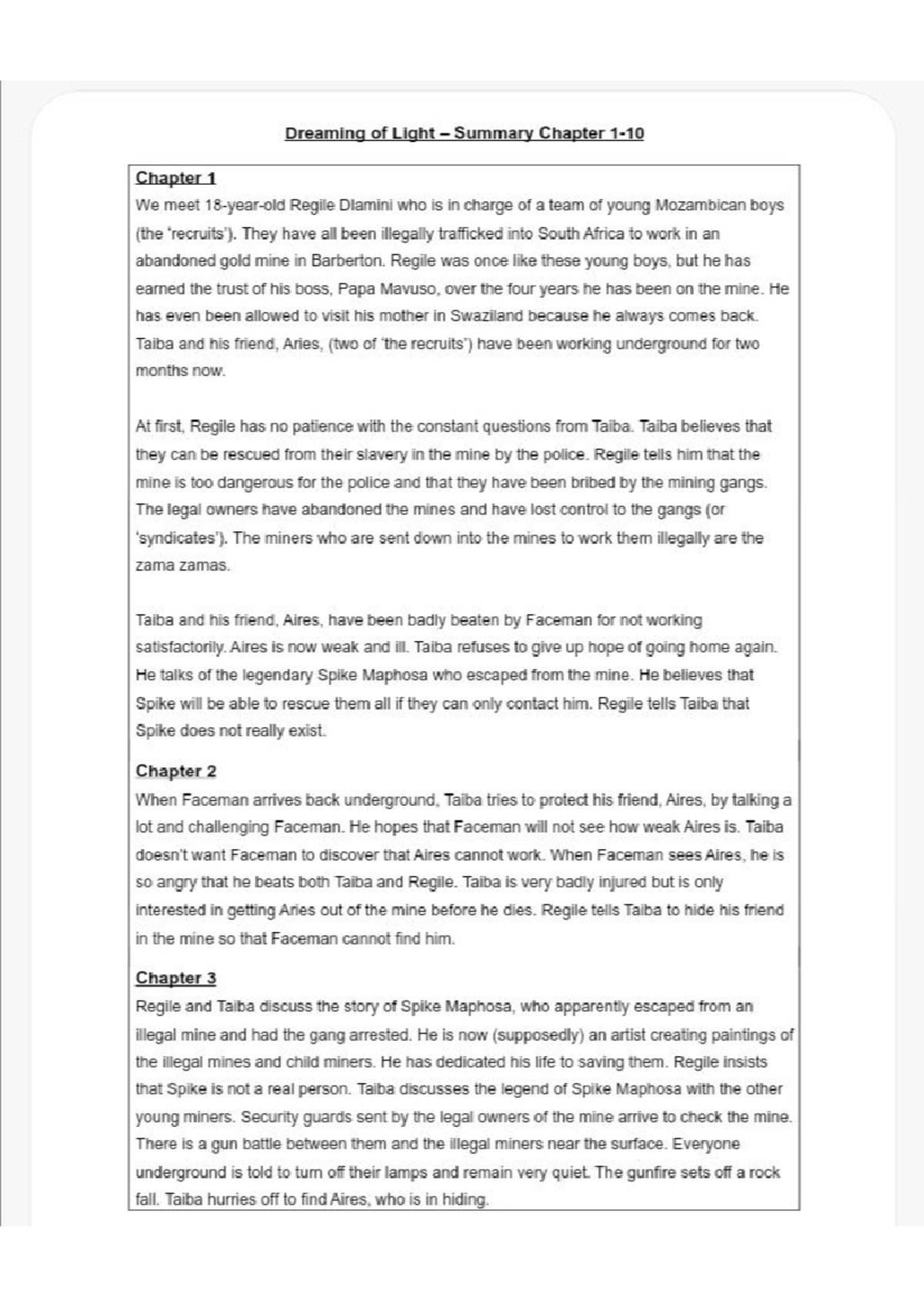 Grade 11 Dreaming of light summary - Dreaming of Light Summary Chapter ...