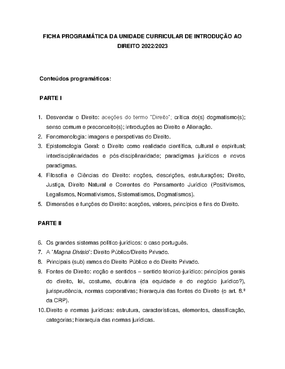 Ficha programática introdução direito - FICHA PROGRAMÁTICA DA UNIDADE ...