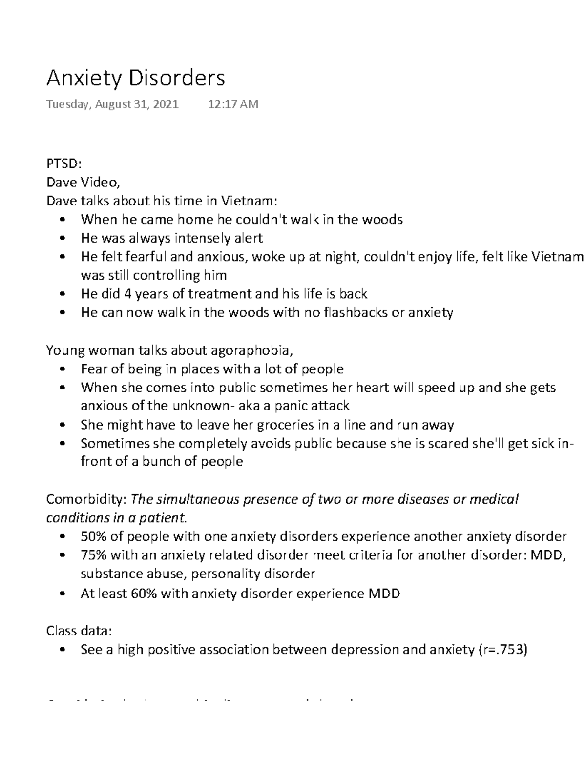 Anxiety Disorders - Amanda Mccleary Zoom Lecture Notes - PTSD: Dave ...