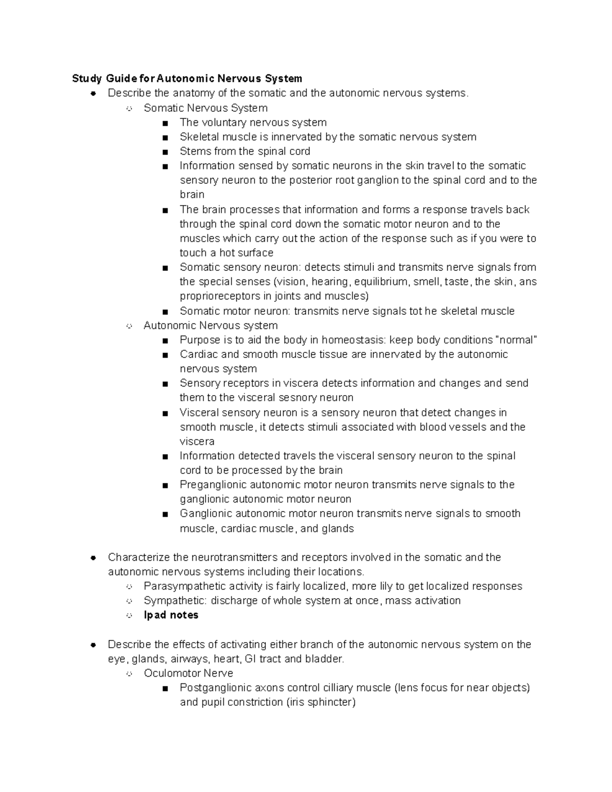 PSB Exam Study Guide #2 - Study Guide for Autonomic Nervous System ...