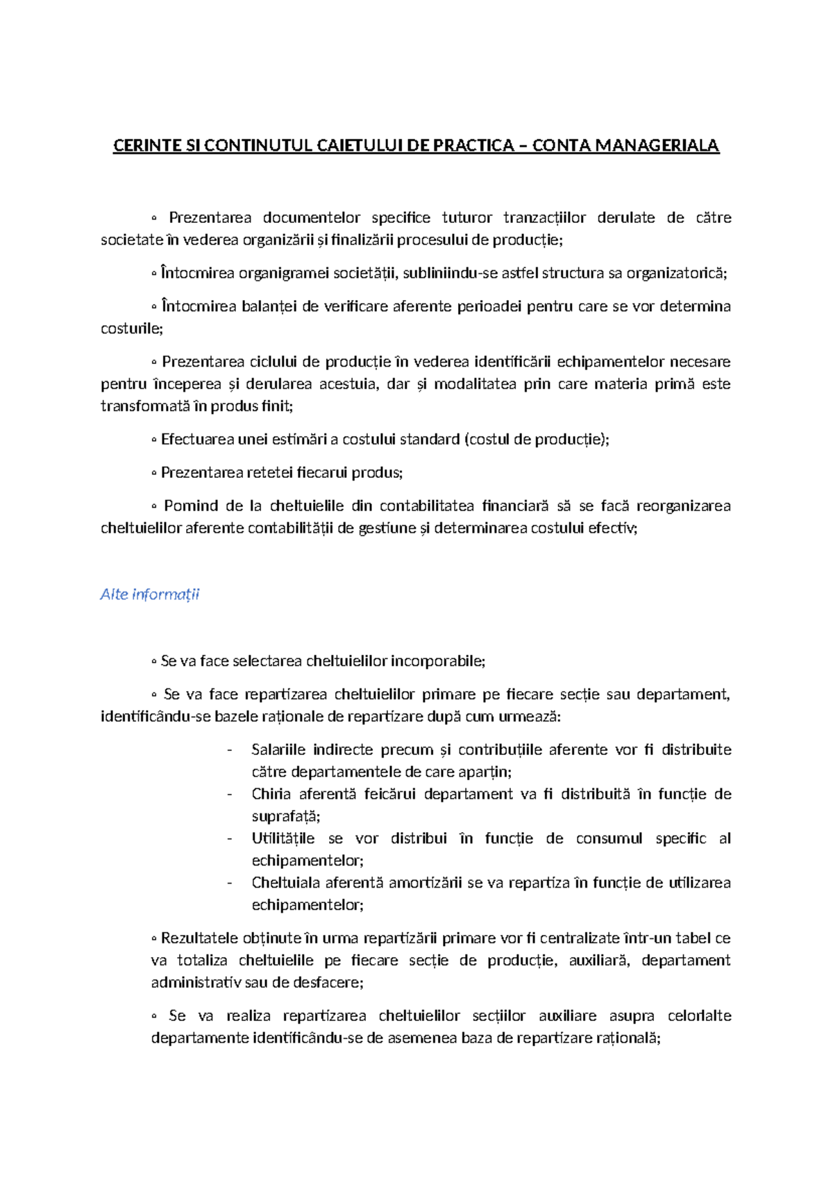 Caiet practica Contab. Magageriala - CERINTE SI CONTINUTUL CAIETULUI DE ...