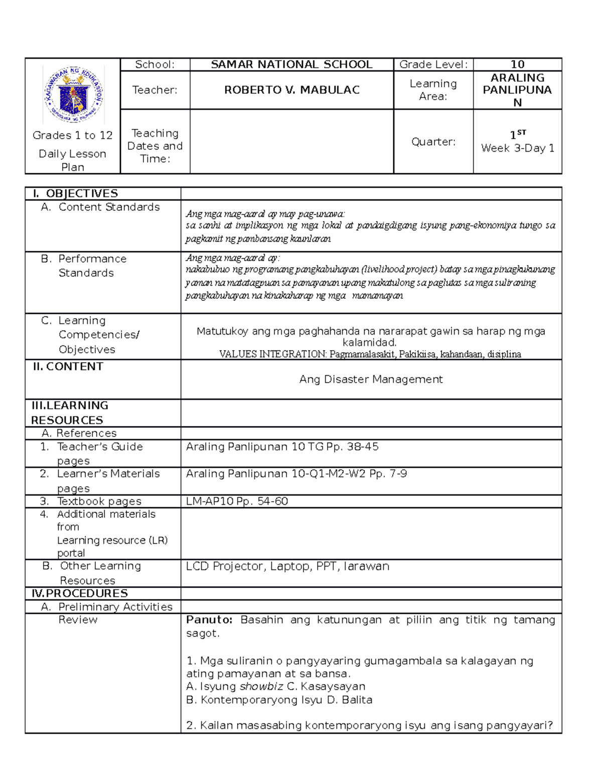 1- Solid Waste 1 - lesson plan - Grades 1 to 12 Daily Lesson Plan ...
