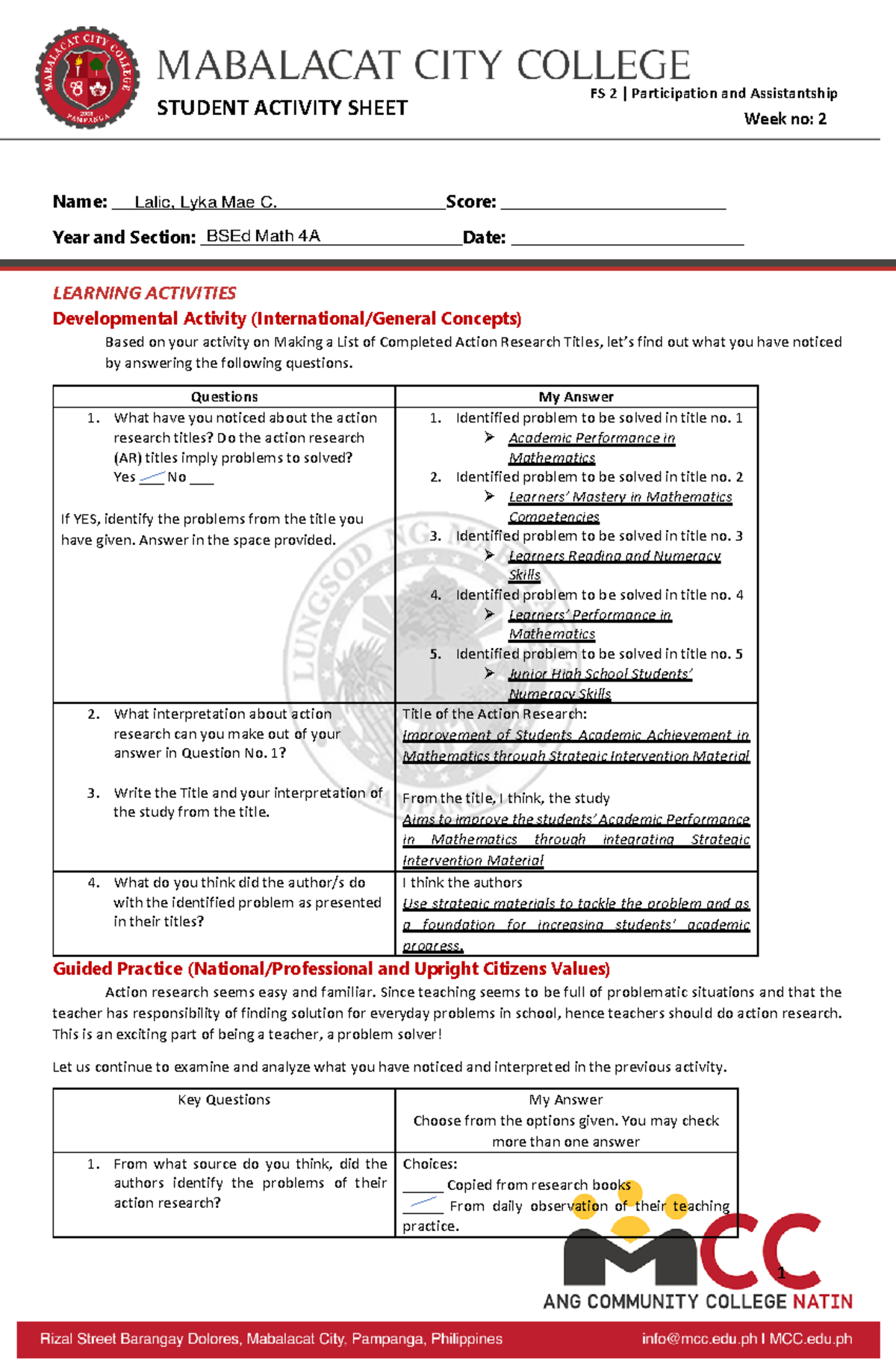 FS2 SAS Week 2 Lalic - FS2 - STUDENT ACTIVITY SHEET Week no: 2 Name ...