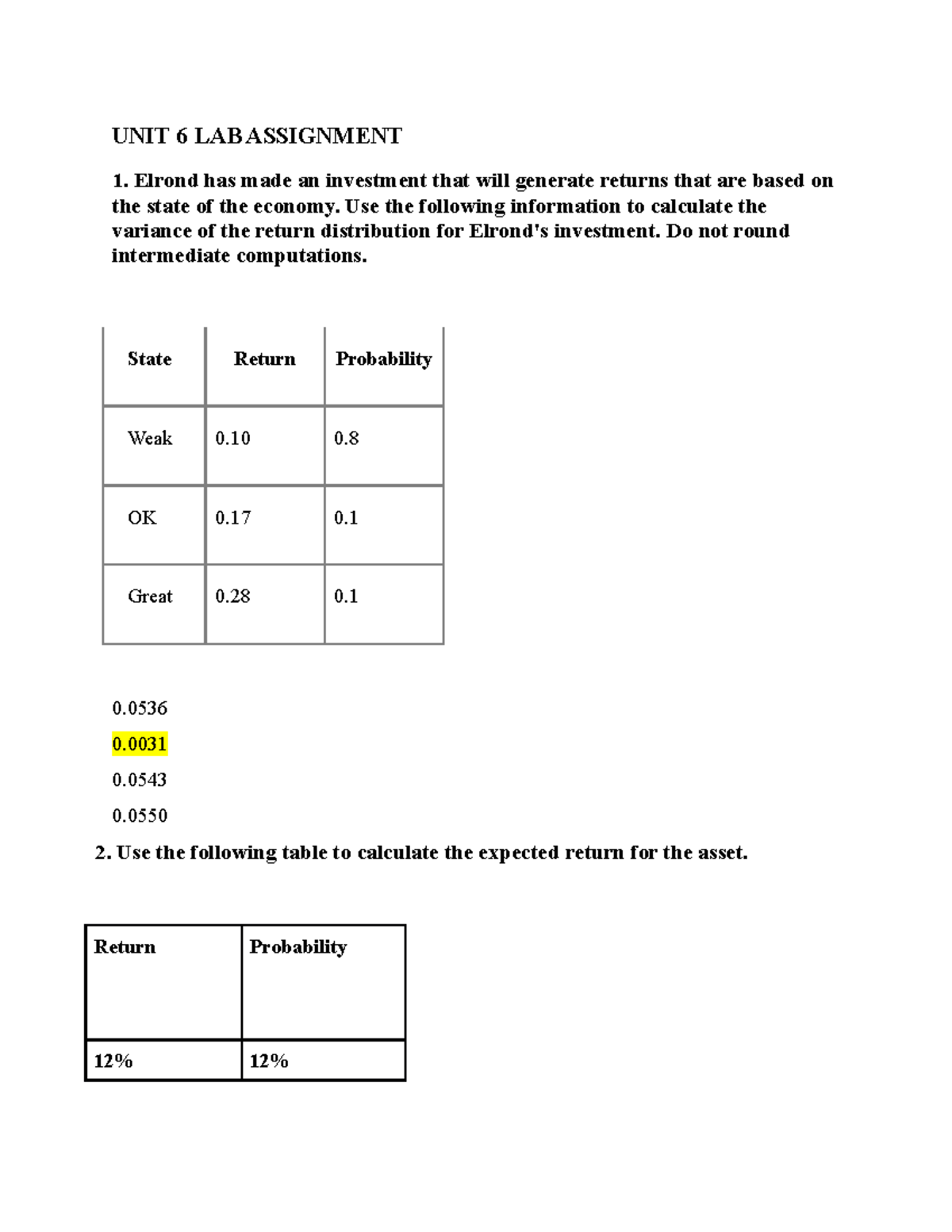 MT435 Unit 6 Lab Assignment - UNIT 6 LAB ASSIGNMENT 1. Elrond has made an investment that will ...