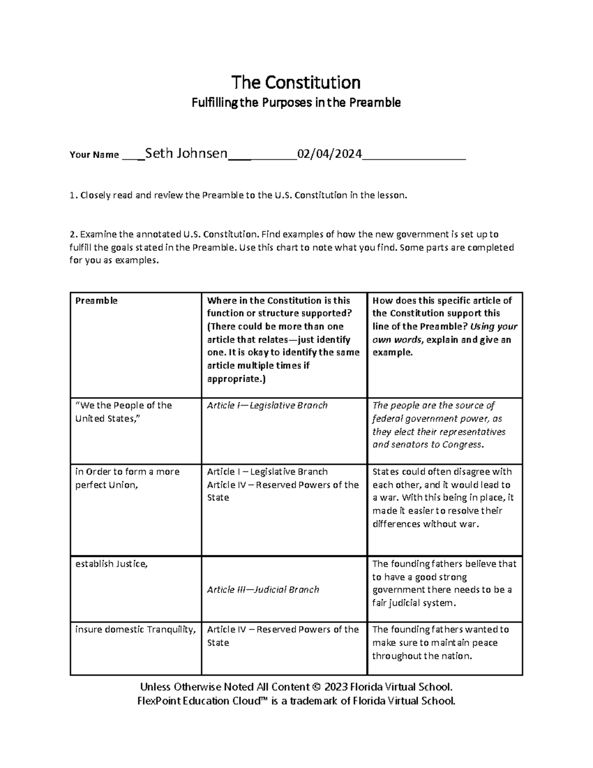 Corrected assignment The Constitution by Seth Johnsen - Unless ...