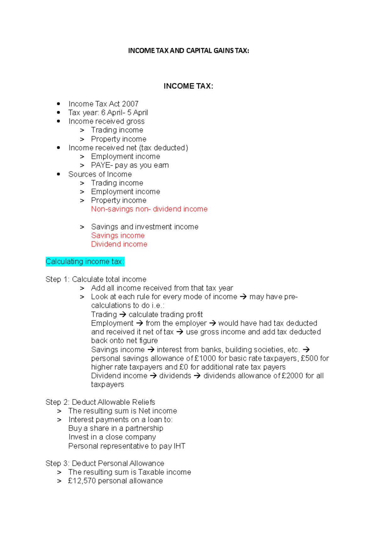 Income tax & CGT notes - INCOME TAX AND CAPITAL GAINS TAX: INCOME TAX ...