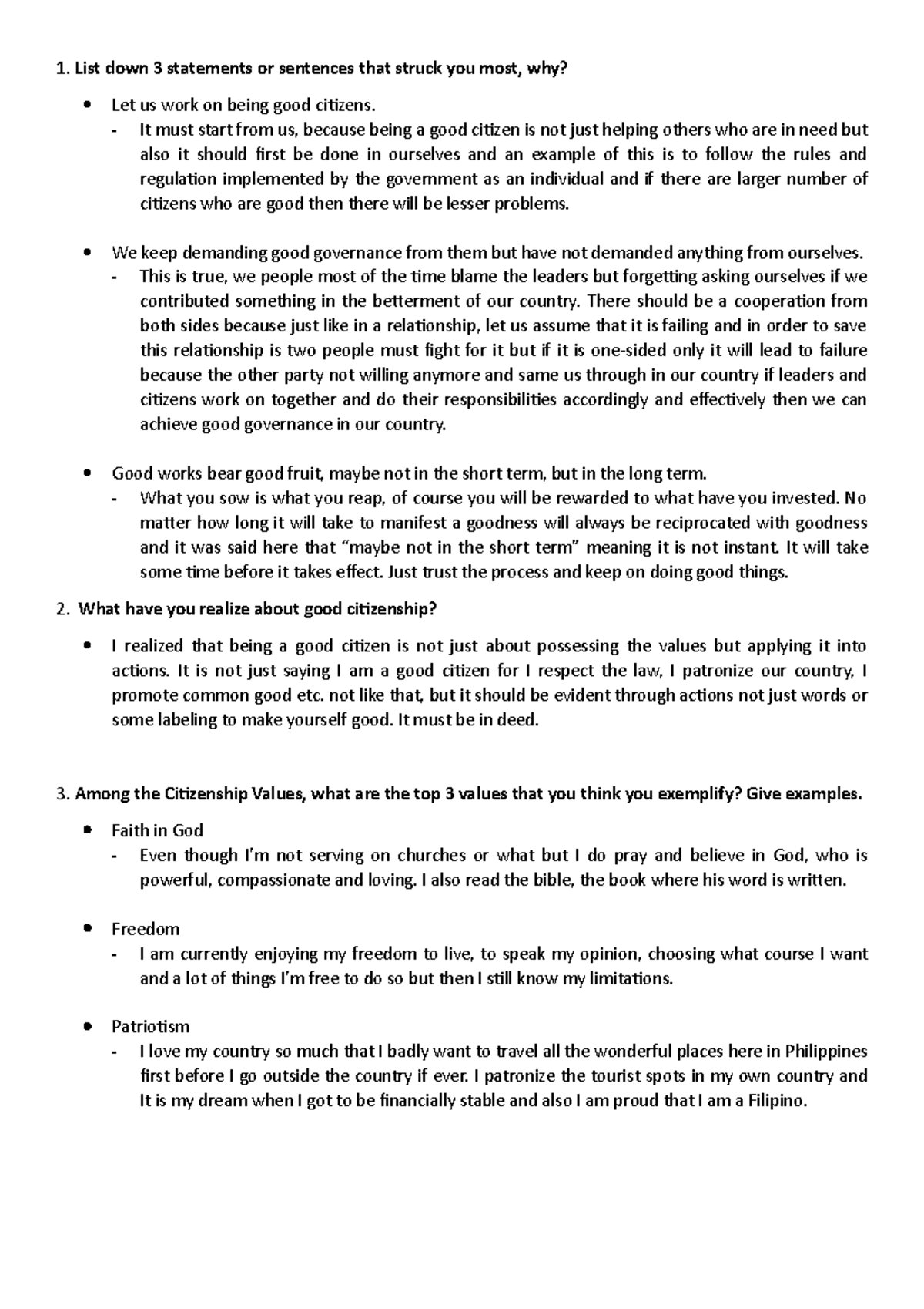 Good citizenship - nstp - List down 3 statements or sentences that ...