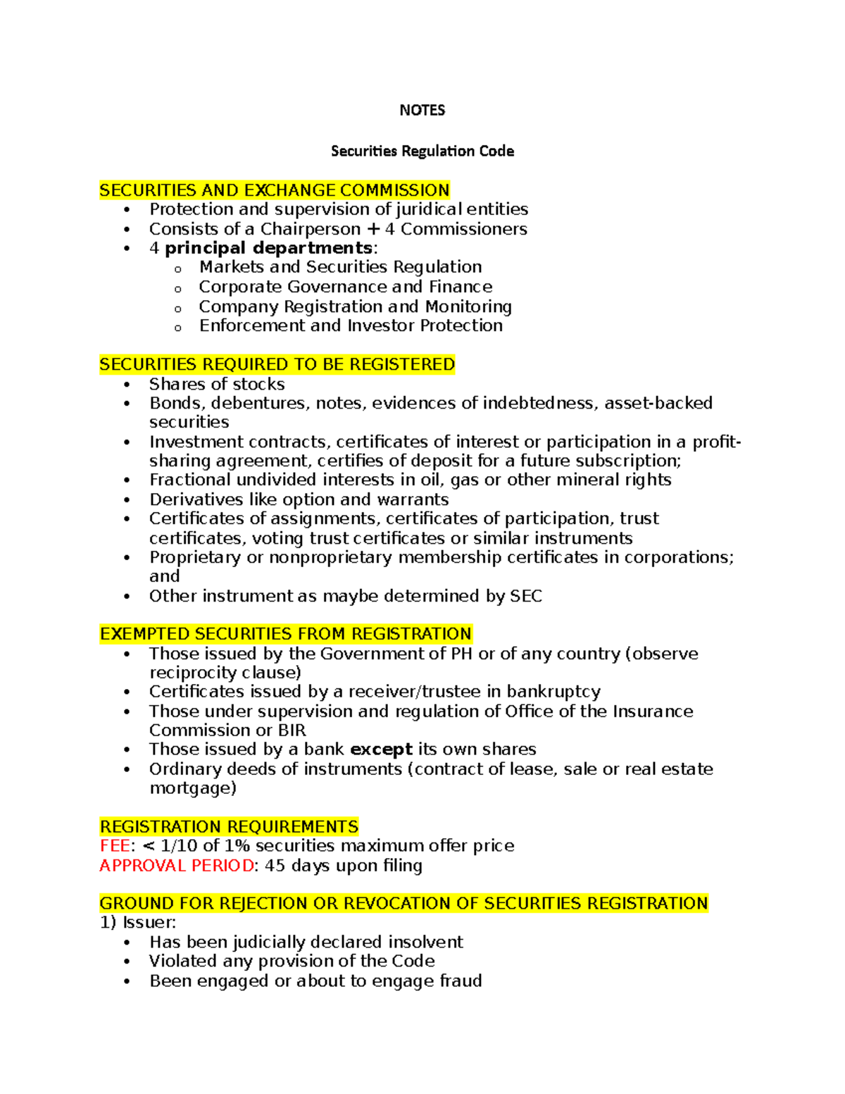 Securities Regulation Code Notes - NOTES Securities Regulation Code ...