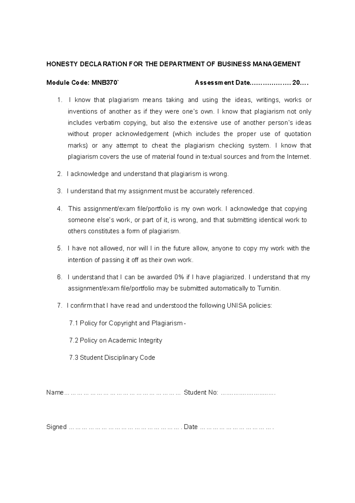 Honesty Declaration FOR THE Department OF Business Management - HONESTY ...