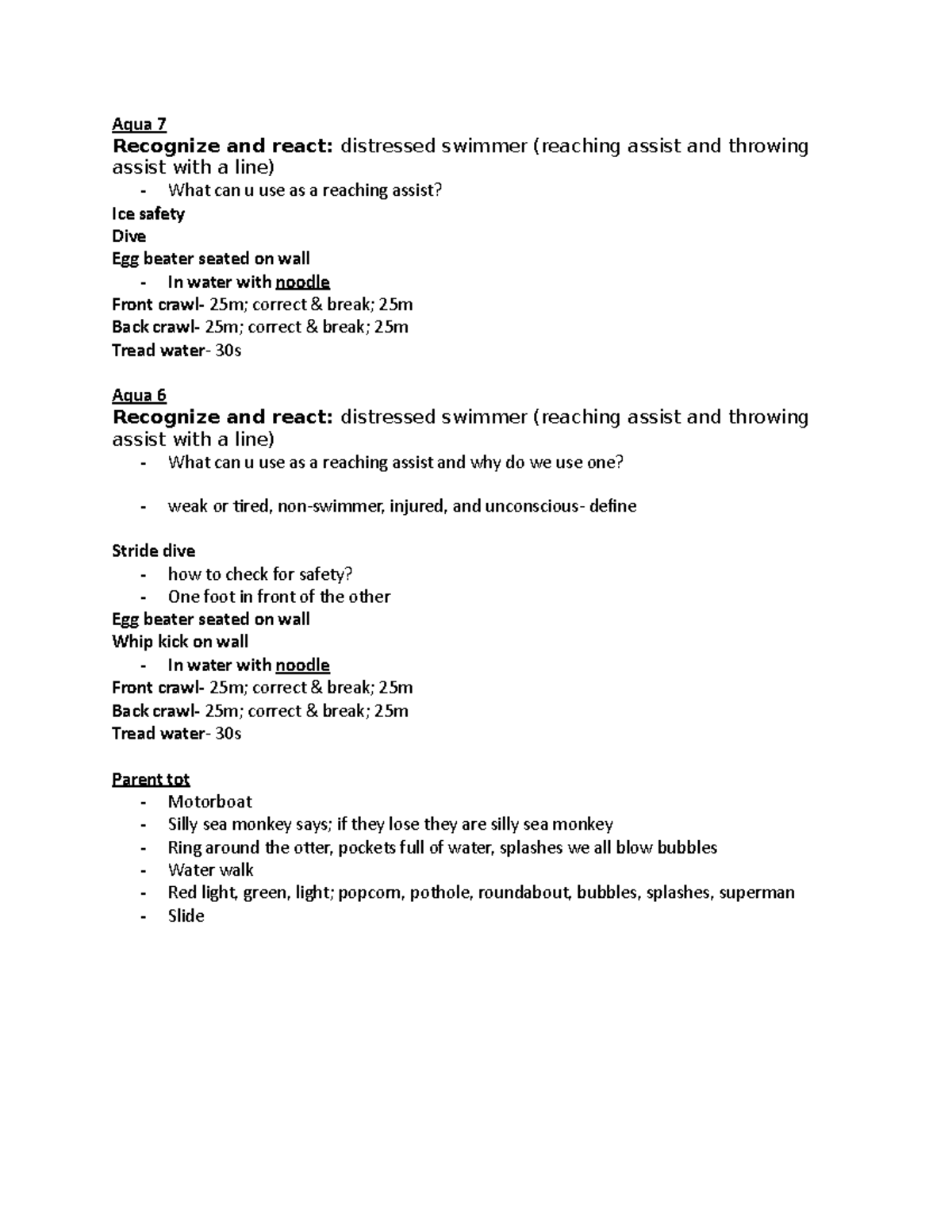 Swimming Lesson - Notes - Aqua 7 Recognize and react: distressed ...
