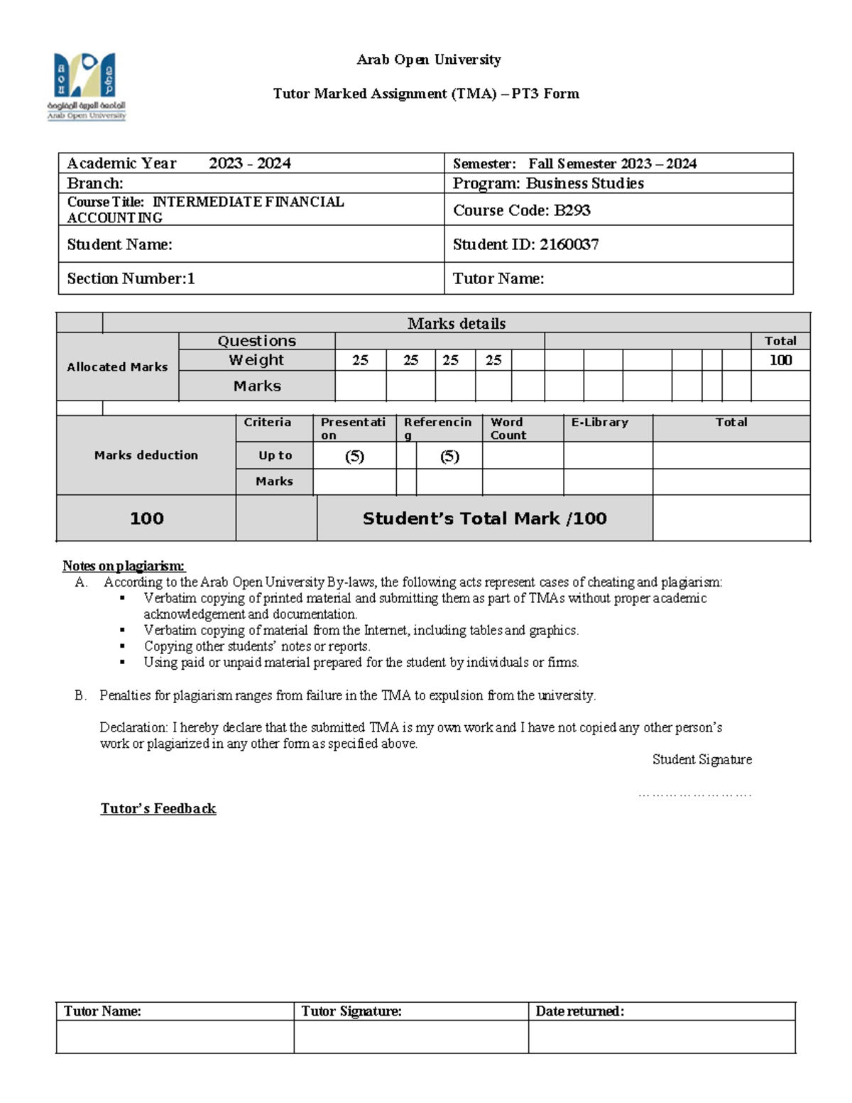 B293 TMA - TMA - Arab Open University Tutor Marked Assignment (TMA ...