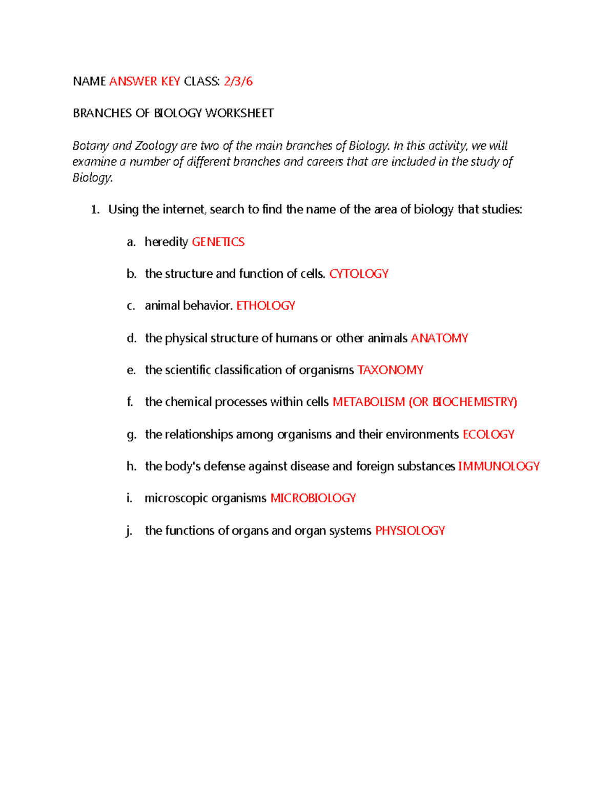 Branches of biology worksheet answer key - NAME ANSWER KEY CLASS: 2/3 ...