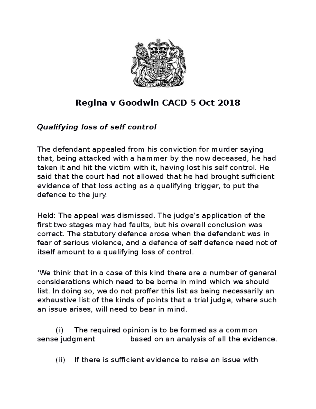 R v Goodwin [2018 ] - Regina v Goodwin CACD 5 Oct 2018 Qualifying loss of self control The ...