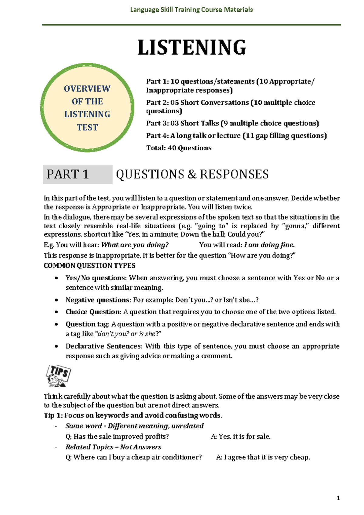 Listening - Revision - OVERVIEW OF THE LISTENING TEST LISTENING PART 1 ...