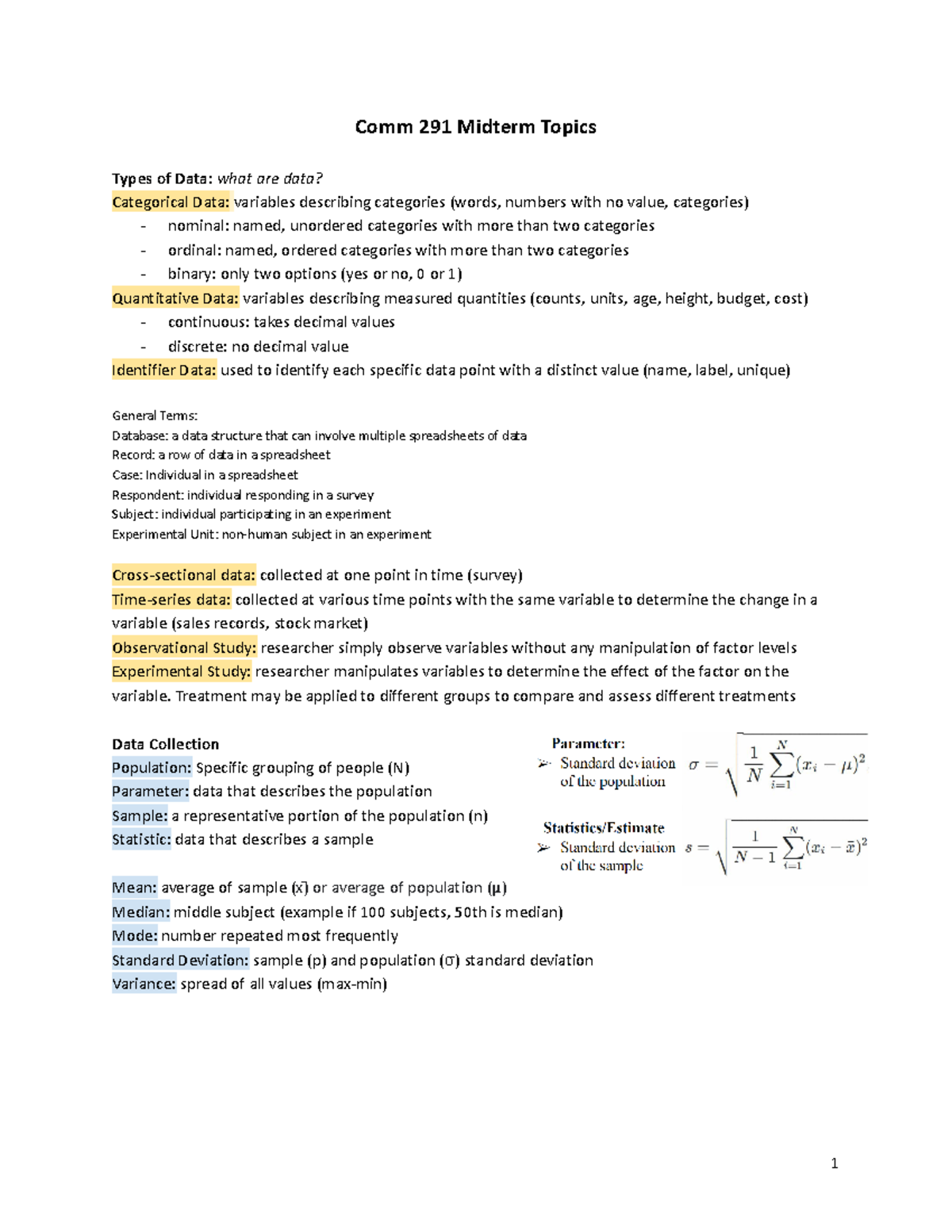 Comm 291 Midterm Topic Summary - Comm 291 Midterm Topics Types of Data: what are data ...