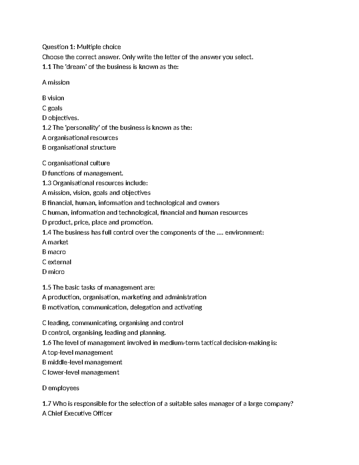 Bs gr10 test 1 - Business studies - Question 1: Multiple choice Choose ...