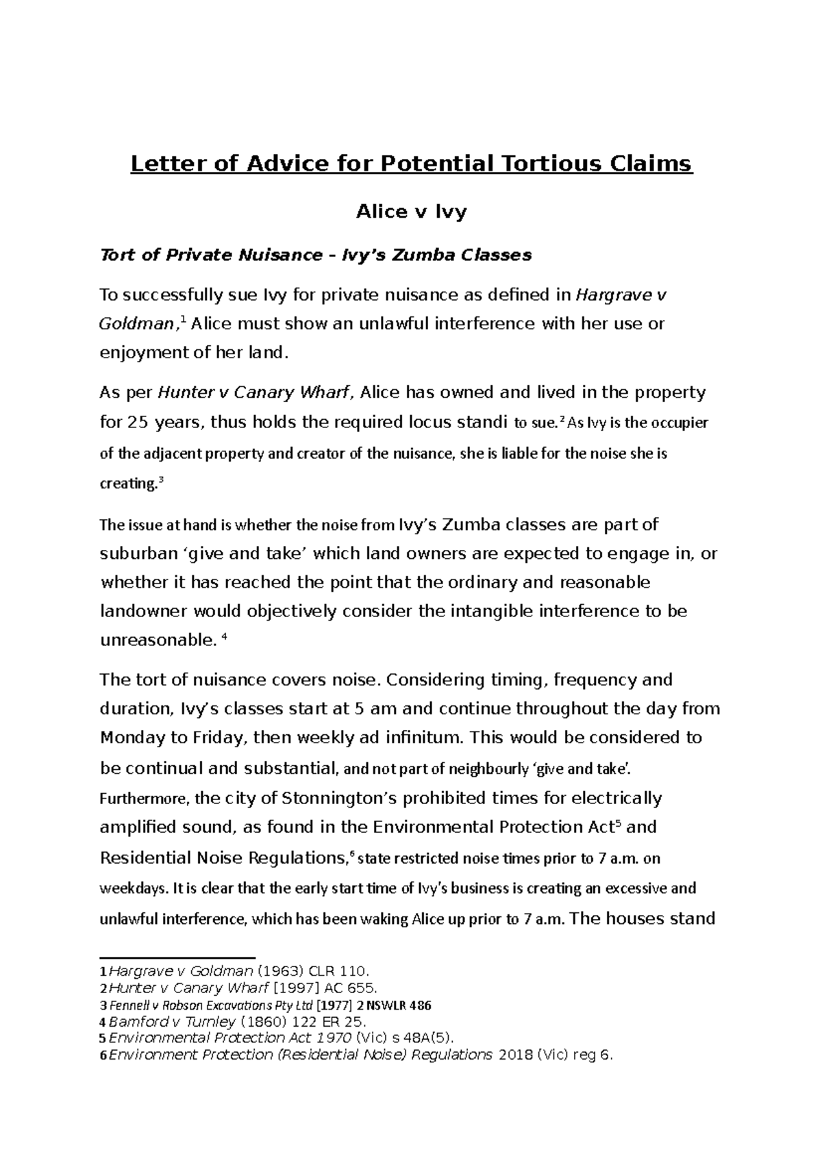 MLL213 Torts Assessment 1 2020 - Letter of Advice for Potential ...