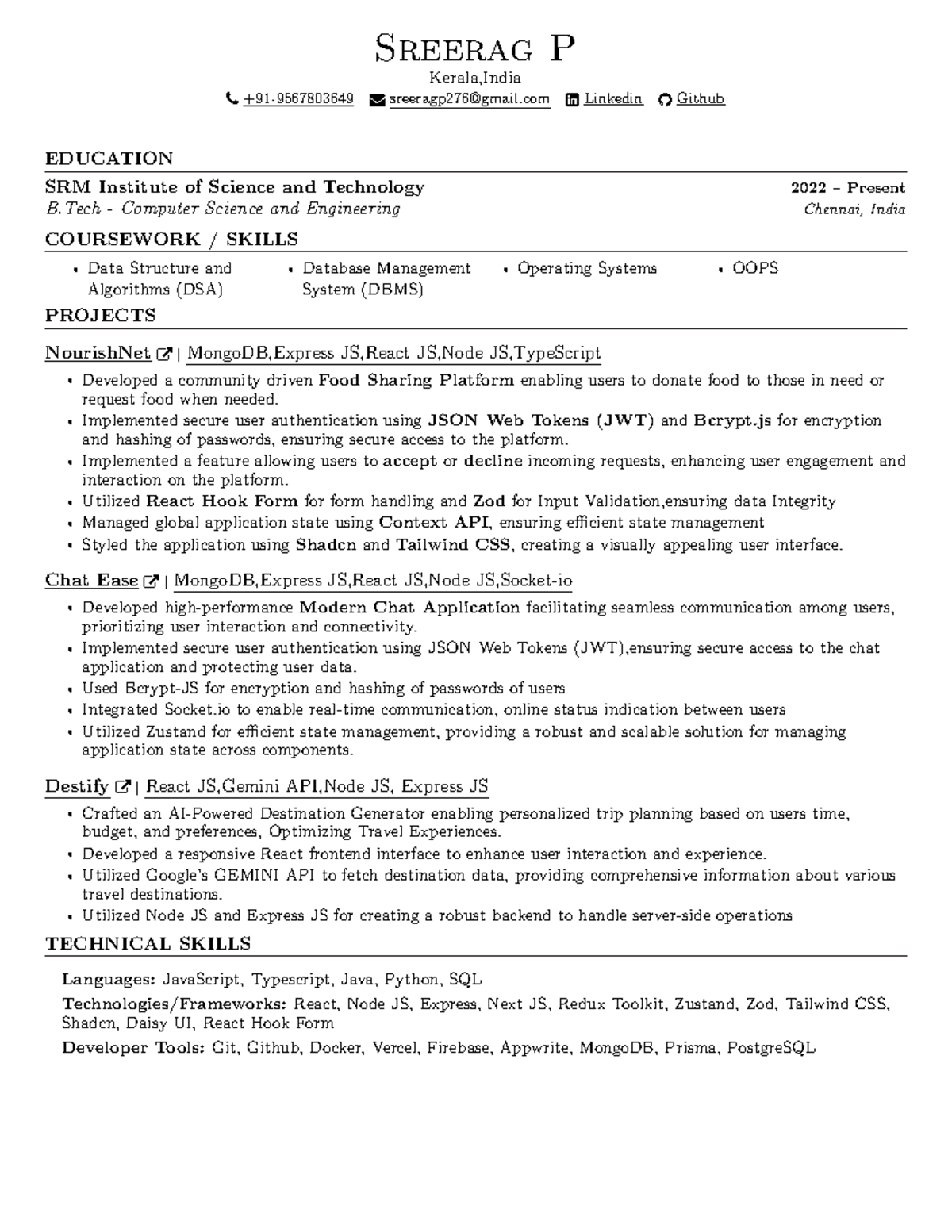 Sreerag P - Sreerag P Kerala,India Ó +91-9567803649 R sreeragp276@gmail ° Linkedin Github - Studocu