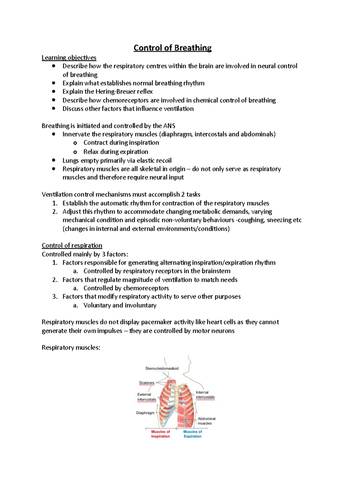 Control of Breathing - Lt 19 - Control of Breathing Learning objectives ...