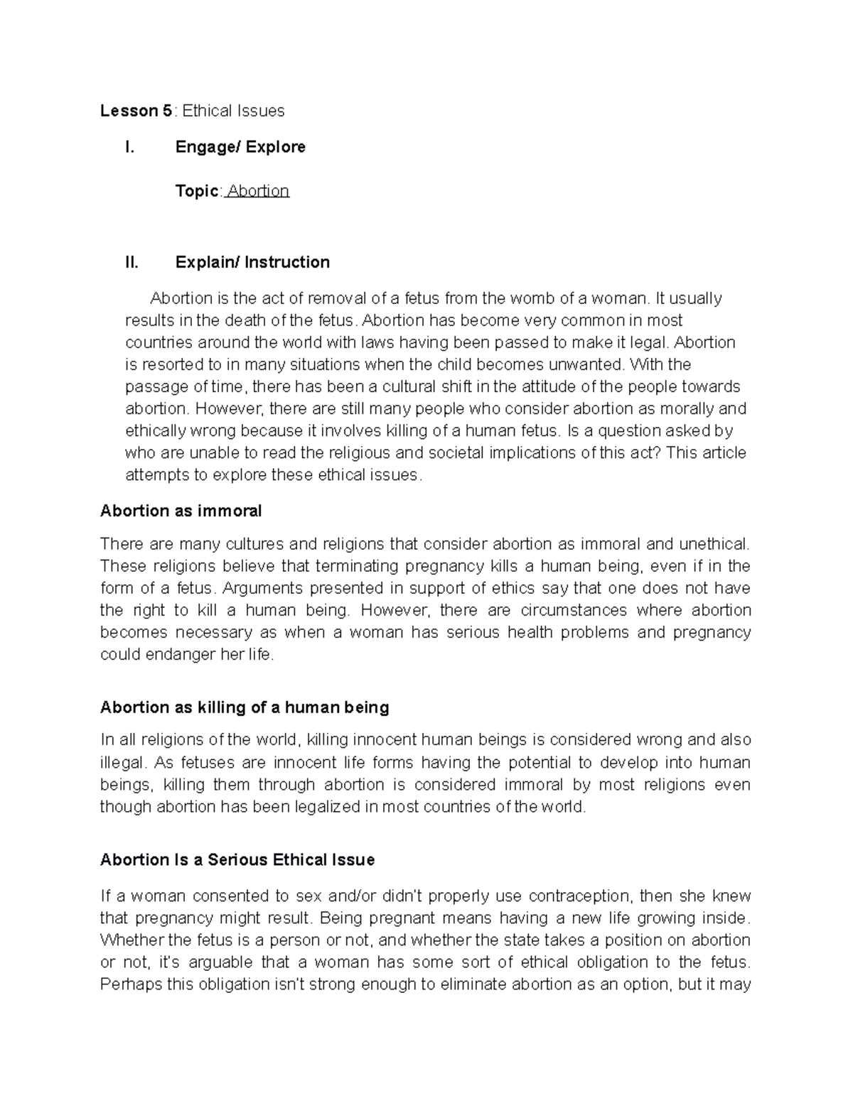Abortion - ,,,,,,,,,,,,,,, - Lesson 5: Ethical Issues I. Engage ...