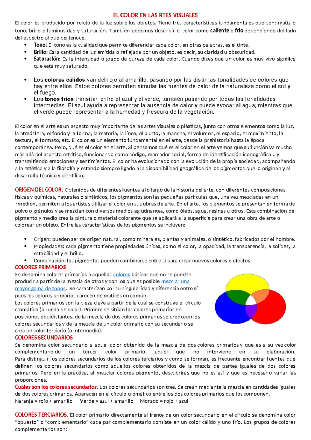 EL COLOR EN LAS ARTES VISUALES - Tiene tres características ...