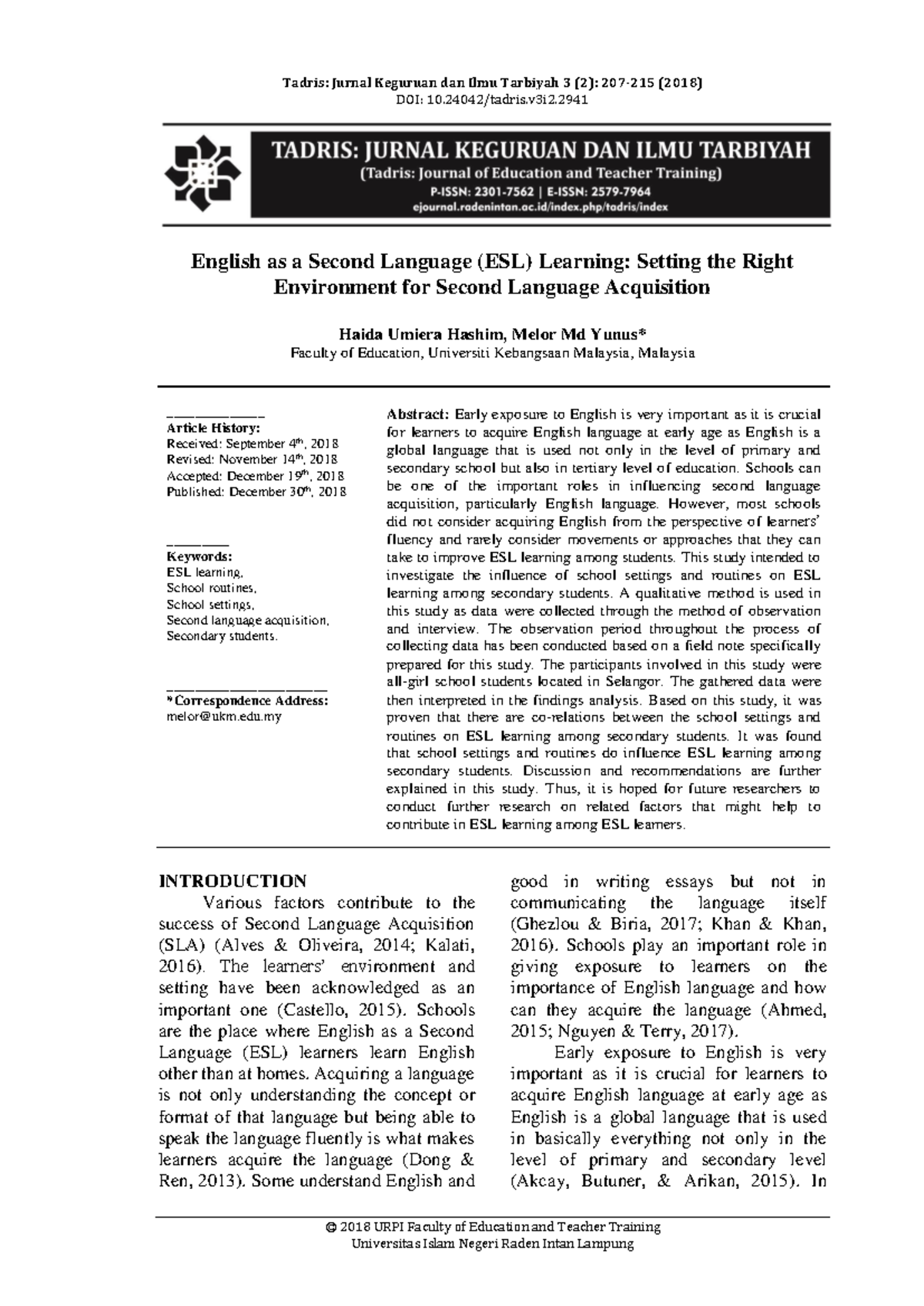 English as a Second Language ESL Learnin - Tadris: Jurnal Keguruan dan ...