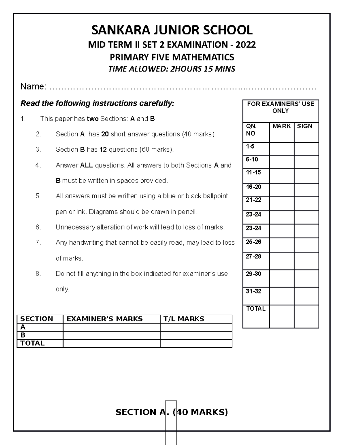 P.5 MTC MID TERM II 2022-1 - SANKARA JUNIOR SCHOOL MID TERM II SET 2 ...