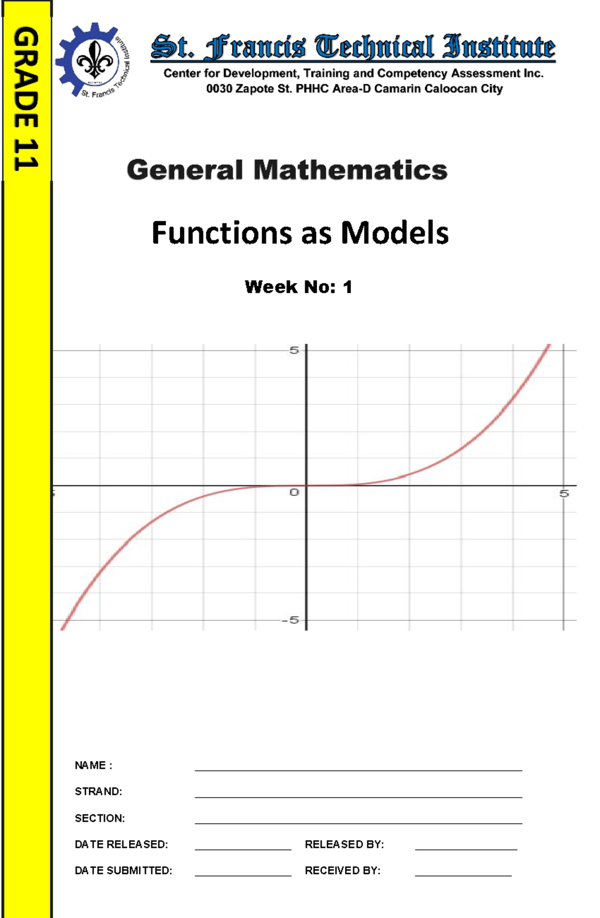 WEEK 1 General Mathematics - Functions as Models NAME : - Studocu