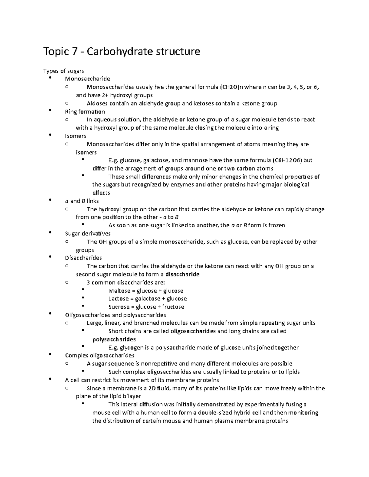 Topic 7 - Summary Essential Cell Biology - Topic 7 Carbohydrate ...