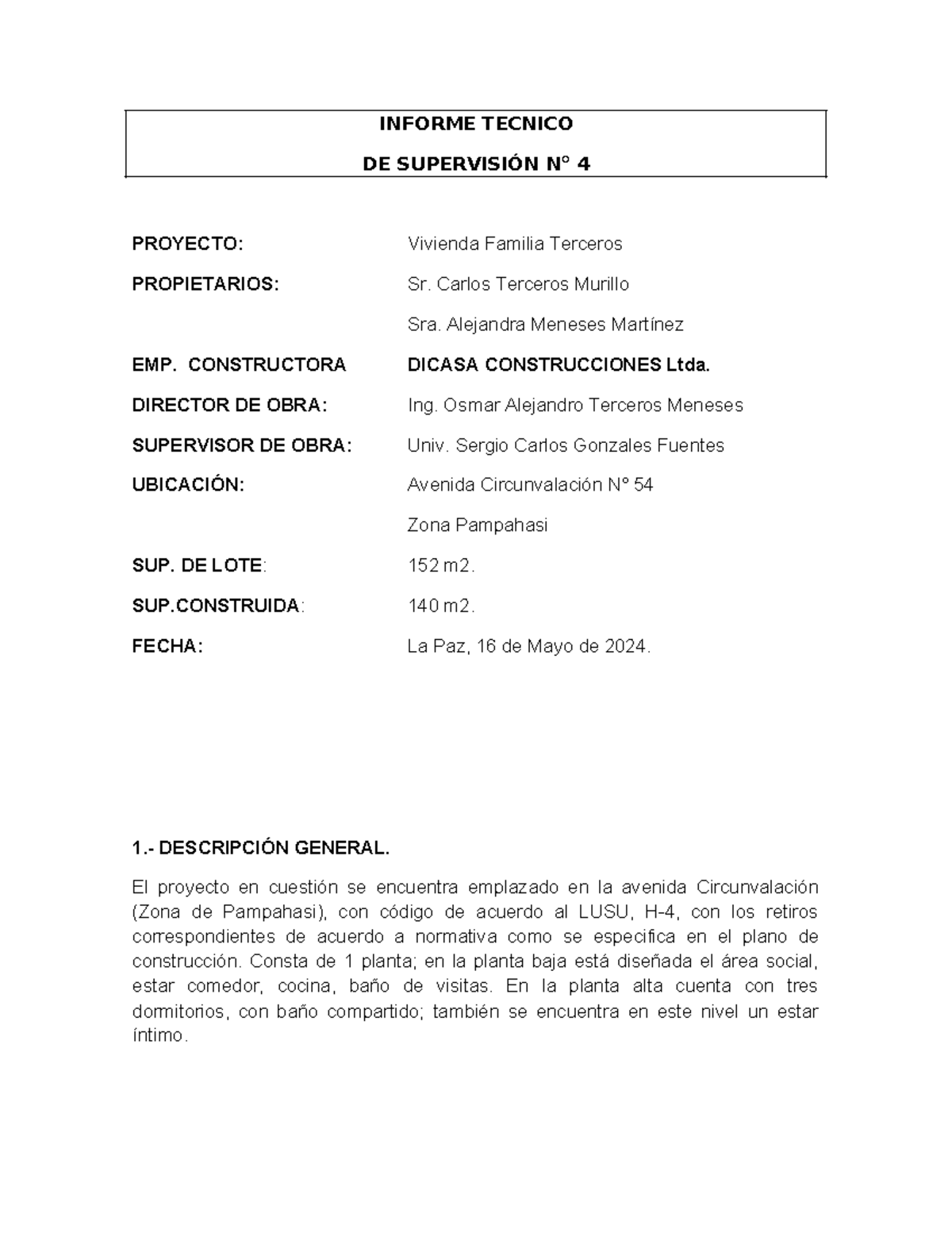 Informe Supervision DE Obras 4 - INFORME TECNICO DE SUPERVISIÓN N° 4 ...