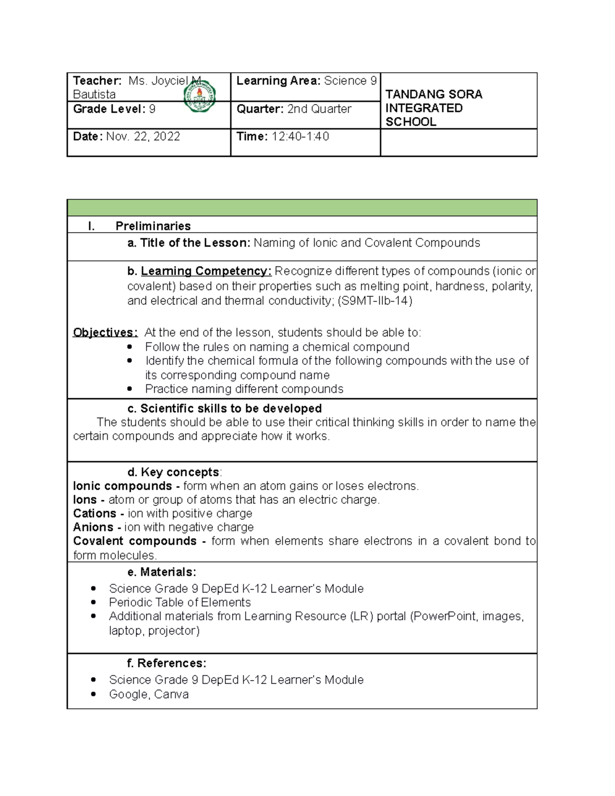 Bautista DLP IC - Education - I. Preliminaries a. Title of the Lesson ...