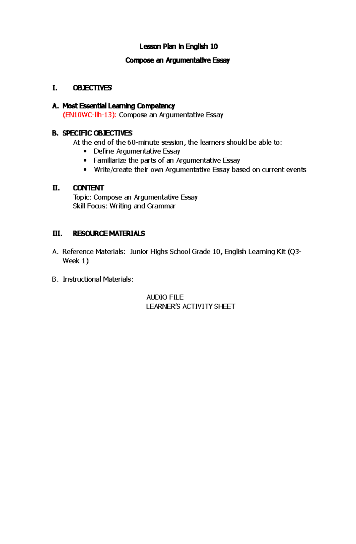 Quarter 3 Lesson Plan on Argumentative Essay - Secondary Education ...