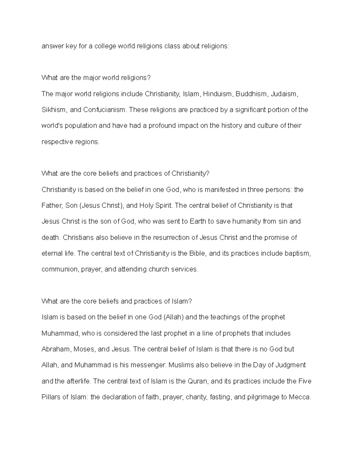Answer key for a college world religions class about religions - These ...