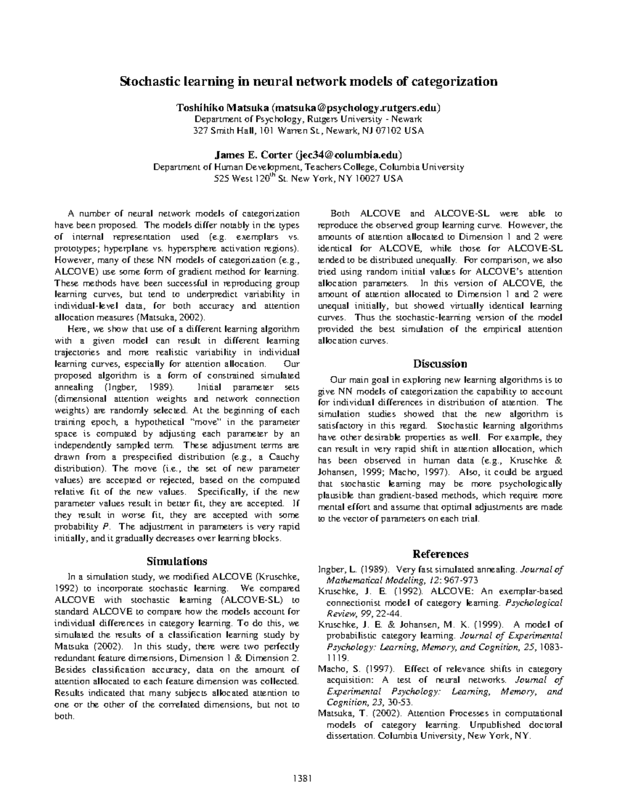 Learninginneuralnetworkmodelsofcategorization - Stochastic learning in ...