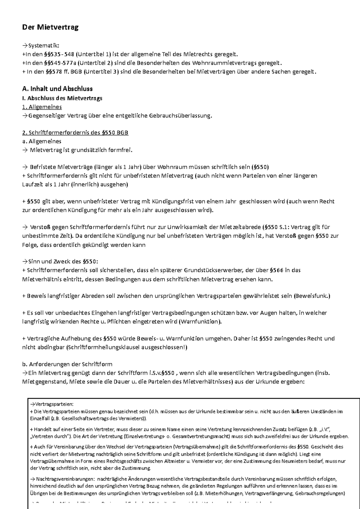Der Mietvertrag - Der Mietvertrag →Systematik: +In den §§535- 548 ...