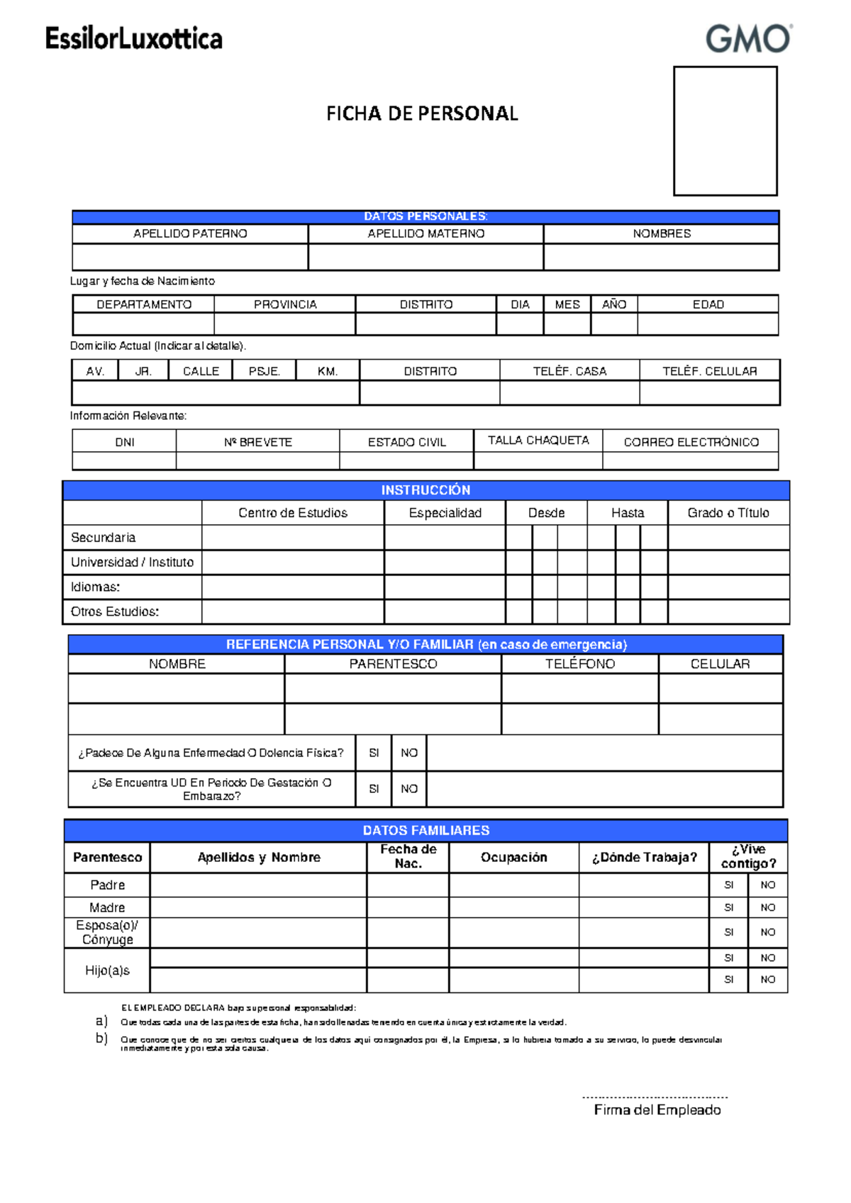 1.- Formatos para Ingreso a GMO - Optometra - FICHA DE PERSONAL DATOS ...