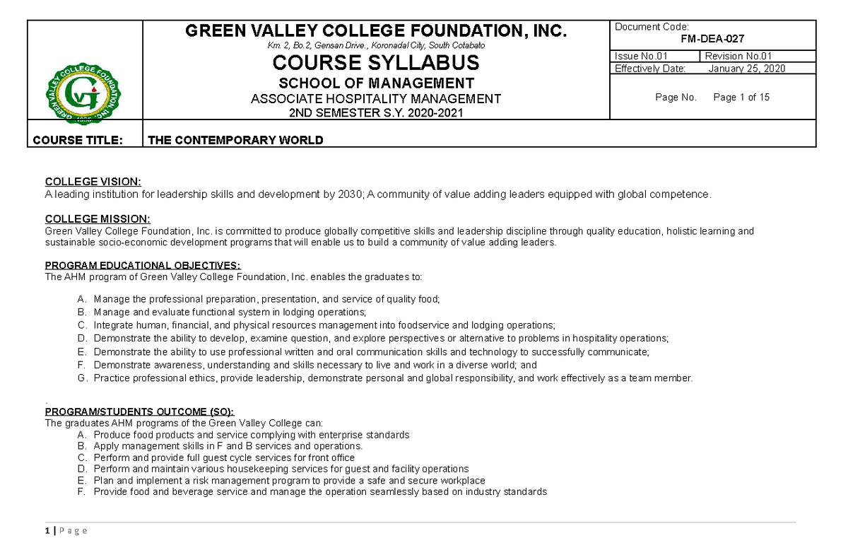 The contemporary world syllabus - AHM - GREEN VALLEY COLLEGE FOUNDATION ...