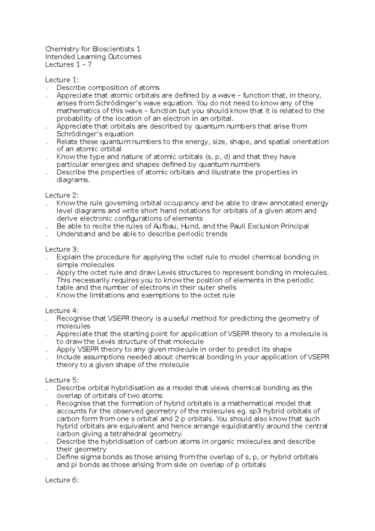 Summary - Chemistry Outline Lectures 1 - 7 - Chemistry for ...