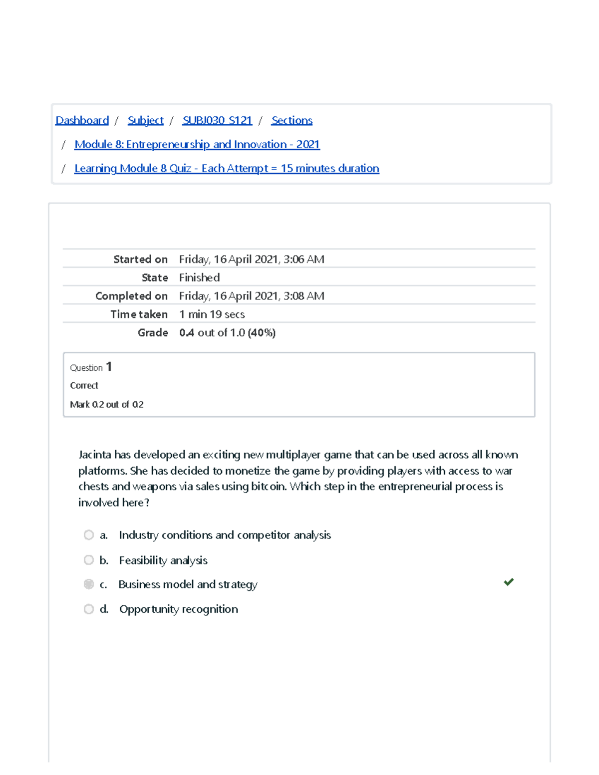Learning Module 8 Quiz - Each Attempt = 15 minutes duration Attempt ...
