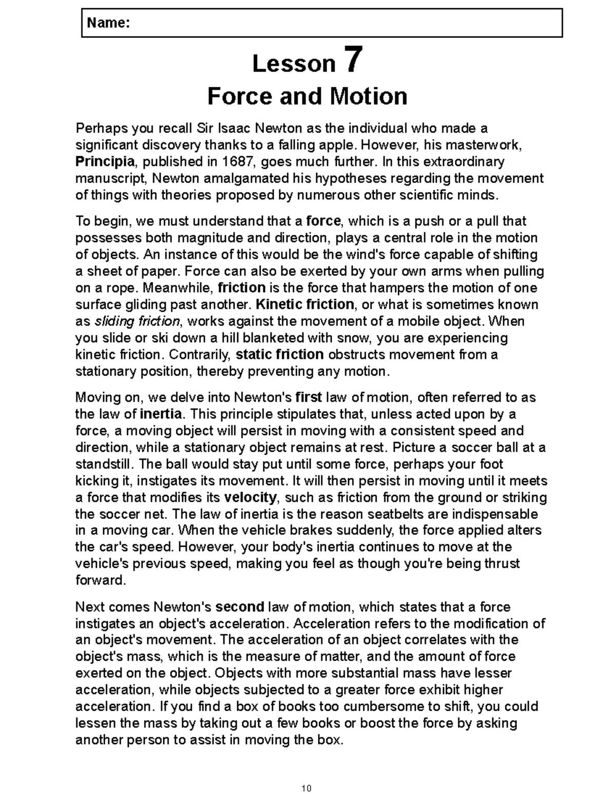 Reading Passage 7Force Motion PDF-1 - Name: Lesson 7 Force and Motion ...