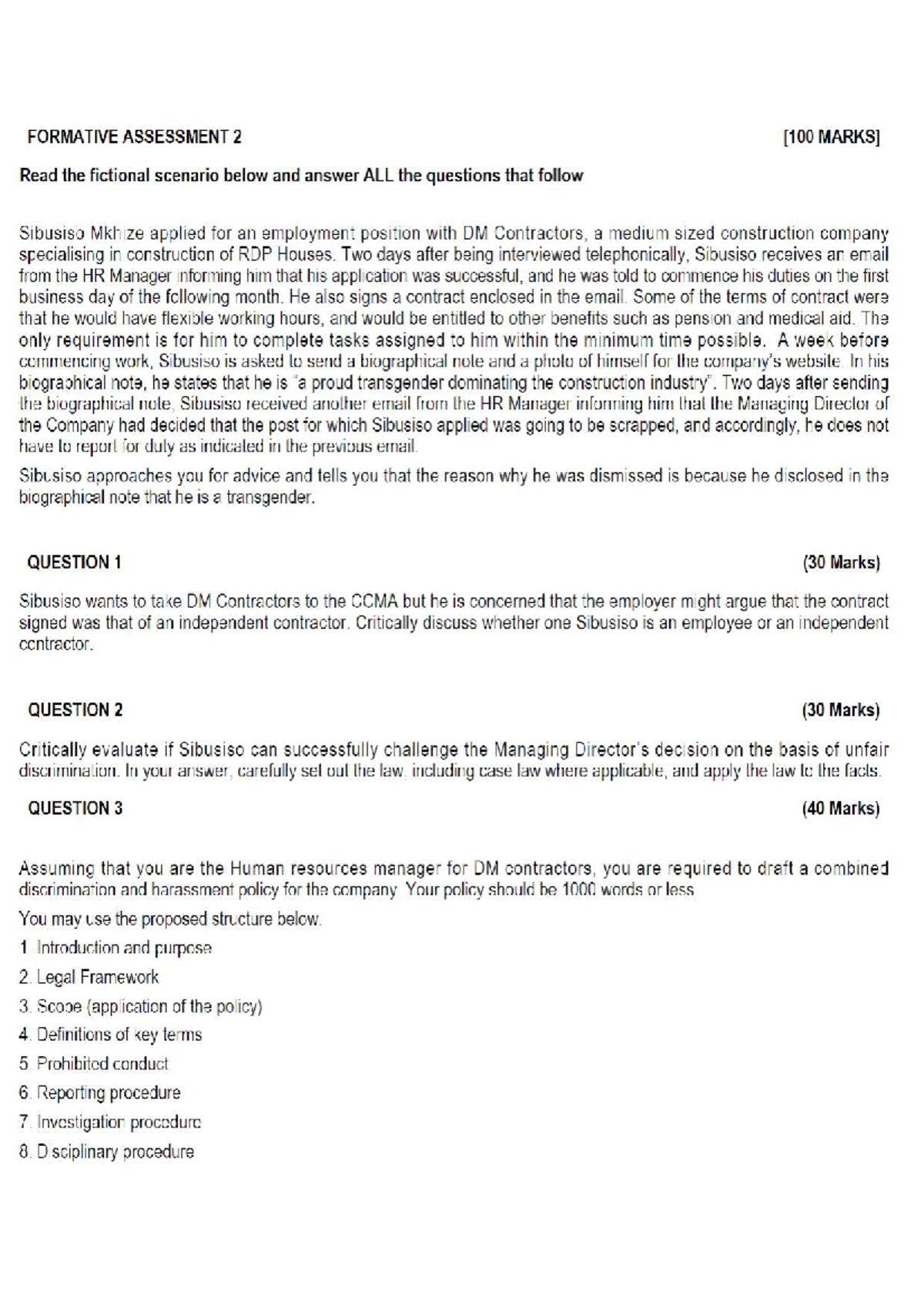 Labour Law - FORMATIVE ASSESSMENT 2 Read the fictional scenario below ...