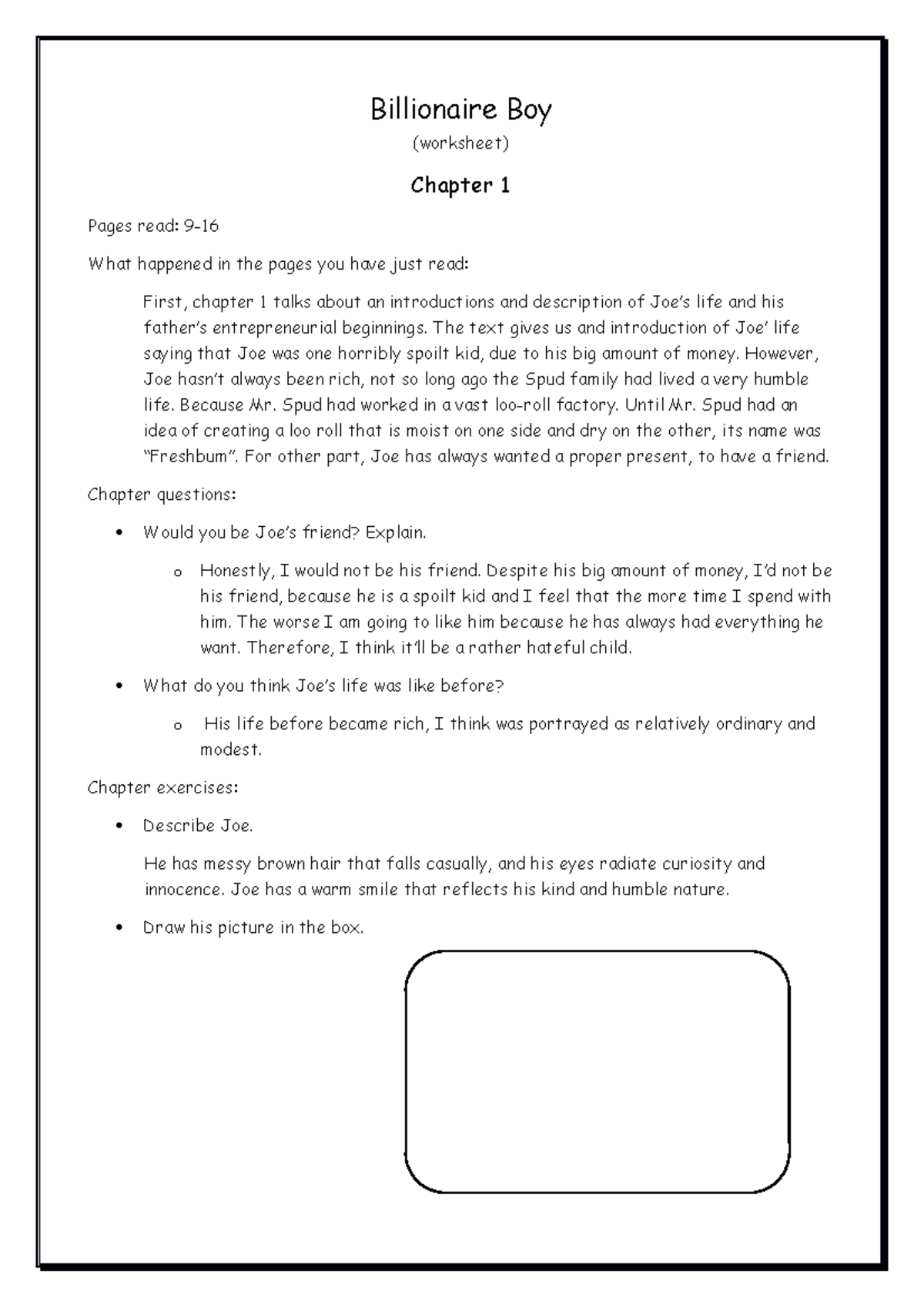 Billionaire Boy Worksheet (chapters 1 - 5) - (worksheet) Chapter 1 ...